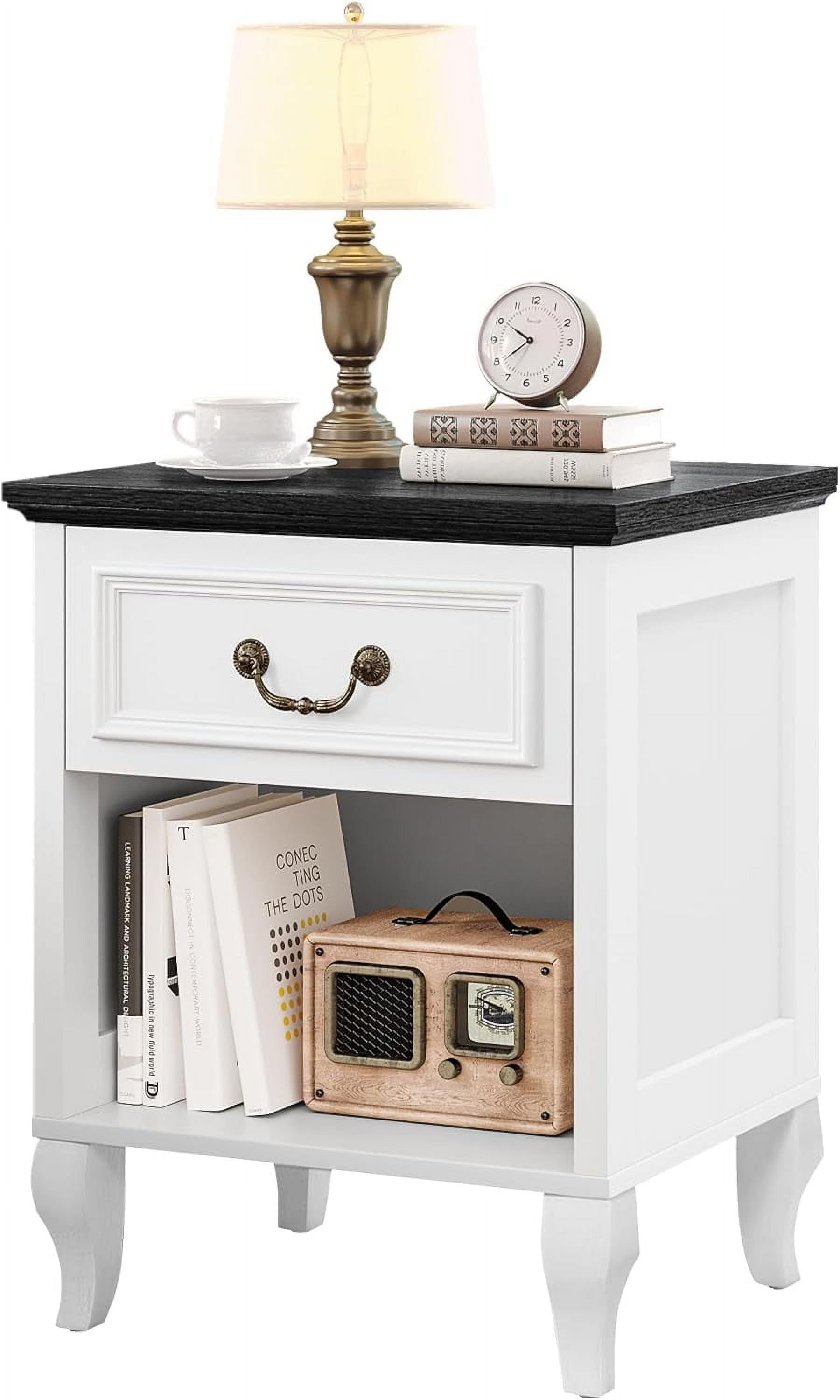 White Night Stand, Farmhouse Nightstand with Drawer and Open Cubby, Bed ...