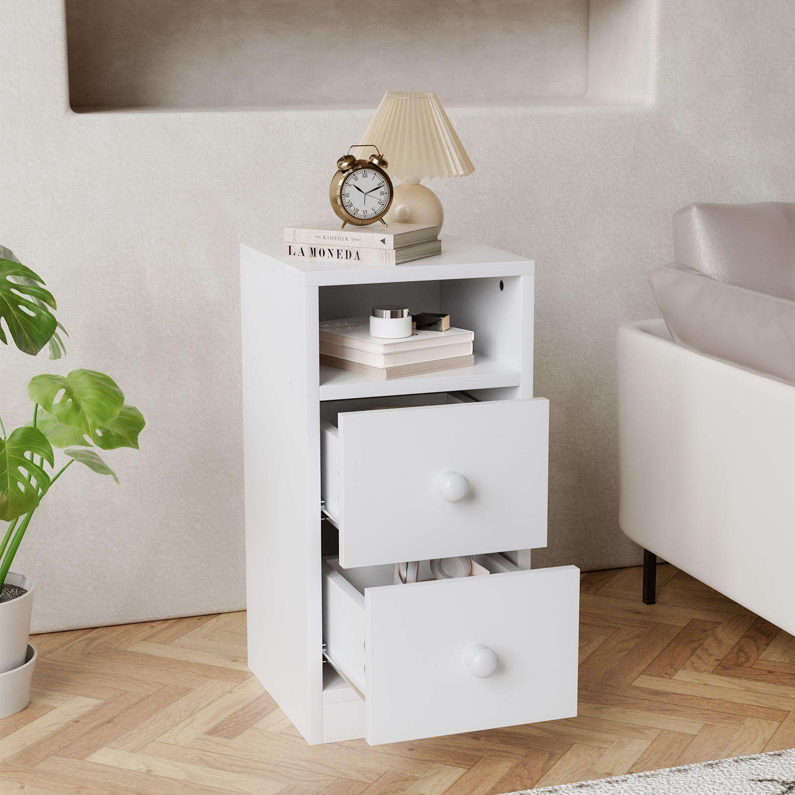 White Night Stand with Two Drawers (Set of 2) - Modern Bedside Table ...