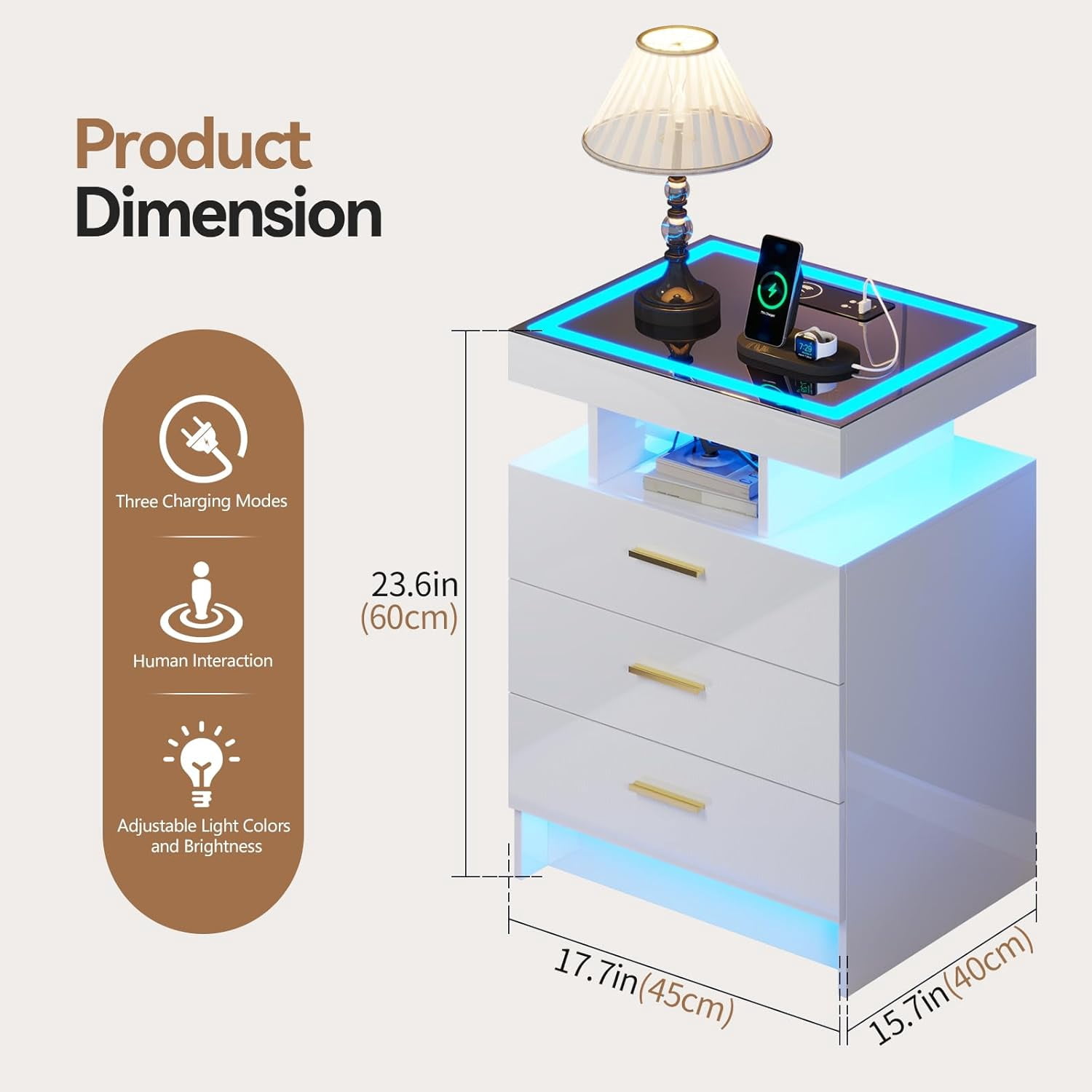 White Night Stand with Wireless Charging Station, Smart Bedside Table ...
