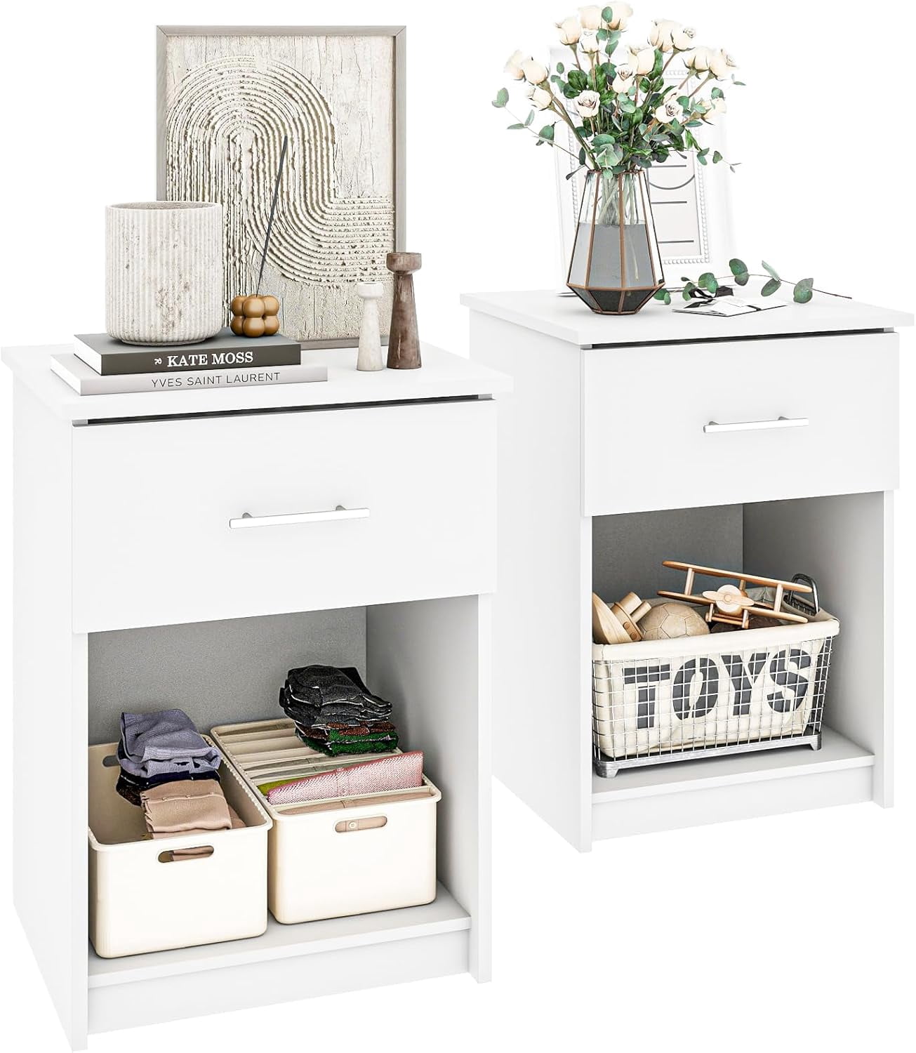 White Night Stands Set of 2, Bedroom Nightstand with Drawer and Cubby ...