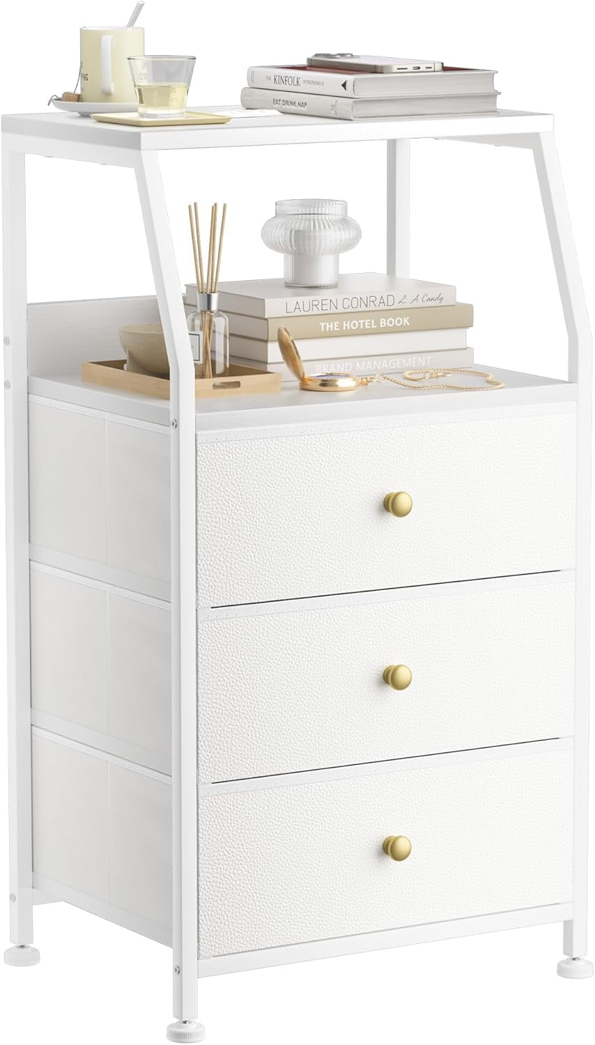 White Night Table with 3 Textile Storage Compartments, Compact Dresser ...