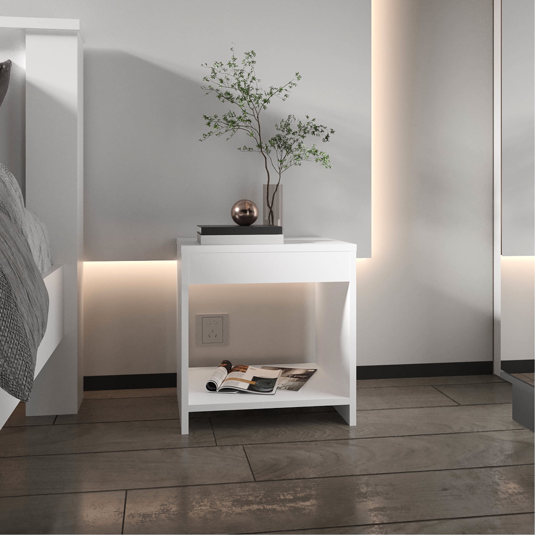 White Night Table With Construction - Spacious Shelf, Engineered Wood ...