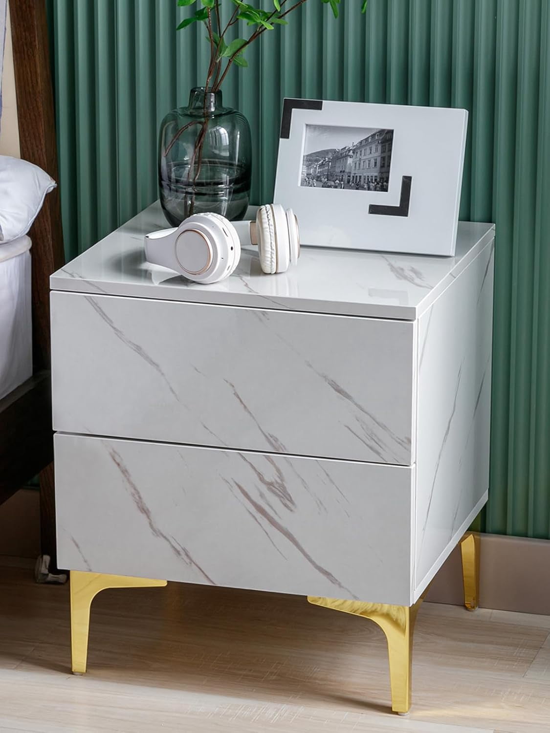 White Nightstand with 2 Drawers, Glossy Bed Side Table for Narrow Small ...