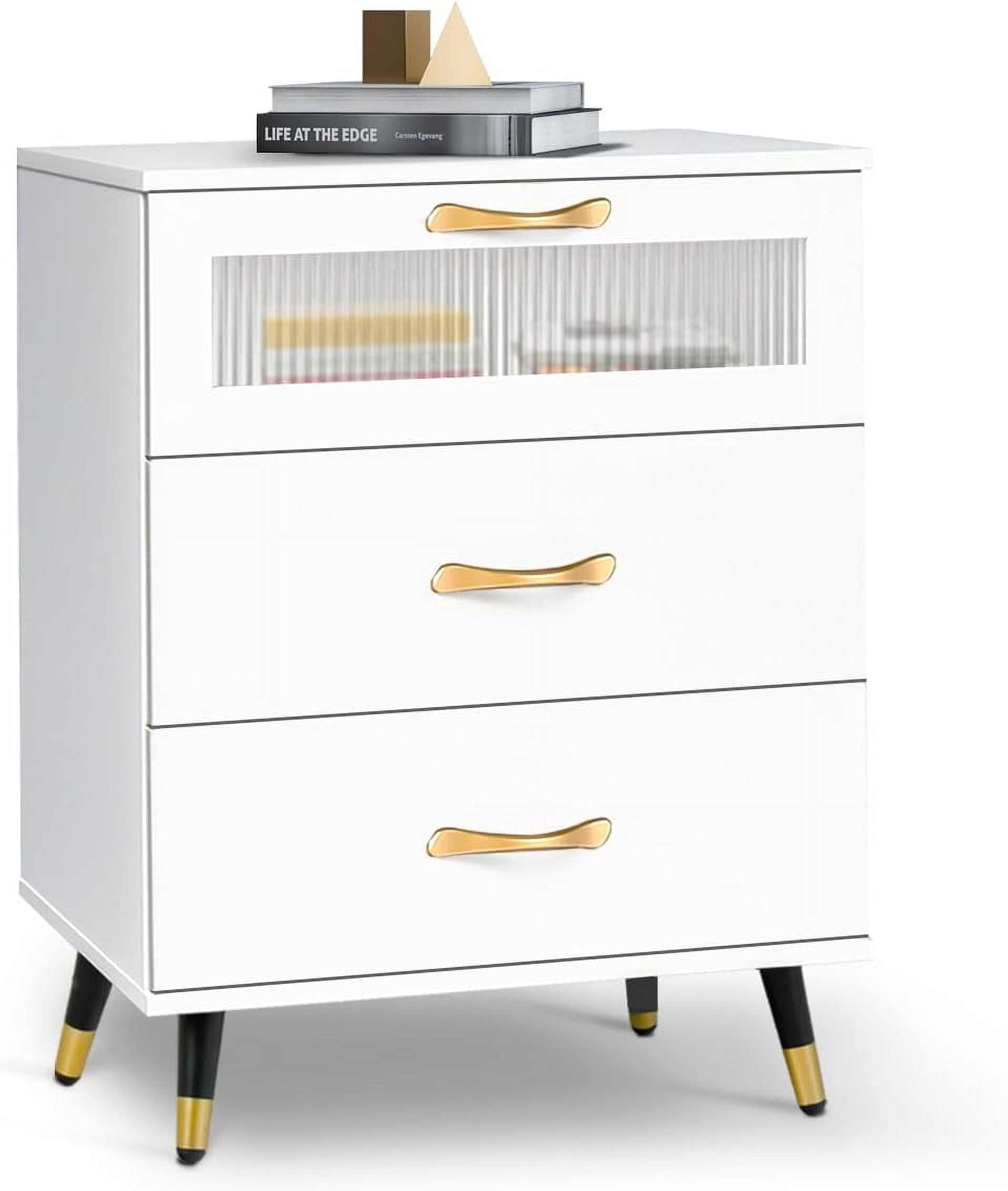 White Nightstand with 3 Drawers 21" Wood Bedside Table Large Night ...