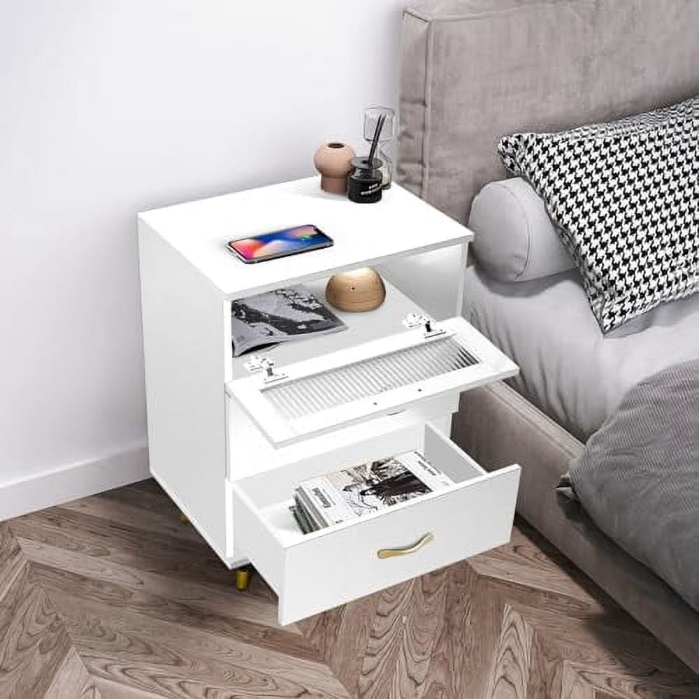 White Nightstand with 3 Drawers 21" Wood Bedside Table Large Night Stand with Glass Door, Gold ...