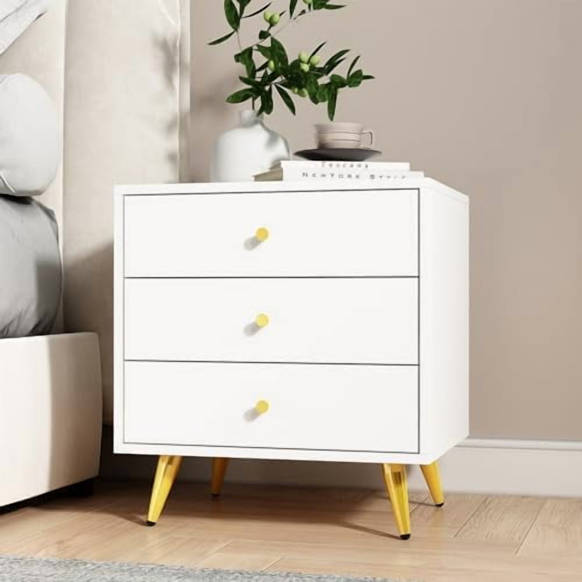 White Nightstand with 3 Drawers, Modern Night Stand Bedside Table with ...