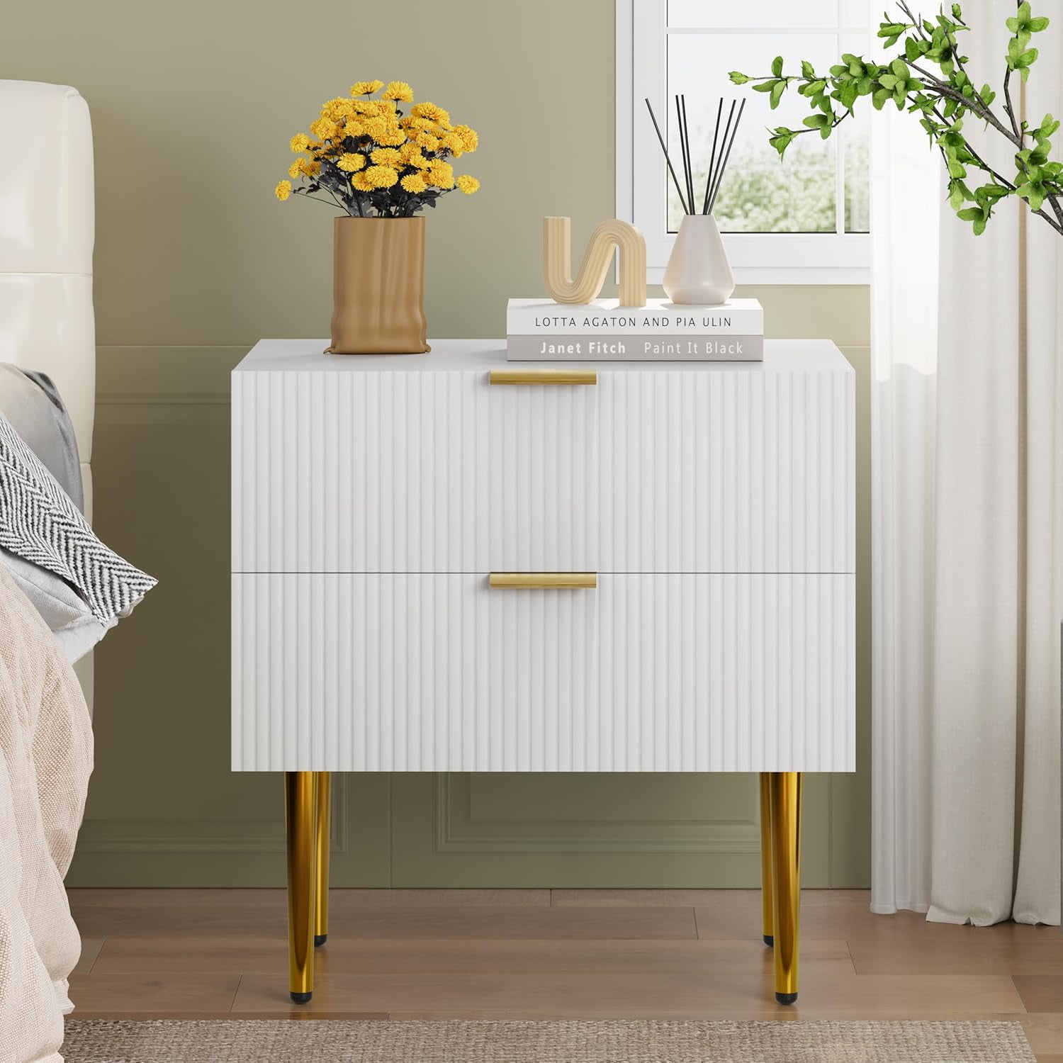 White Nightstand for Bedroom, Fluted Night Stand, End Table for Living ...