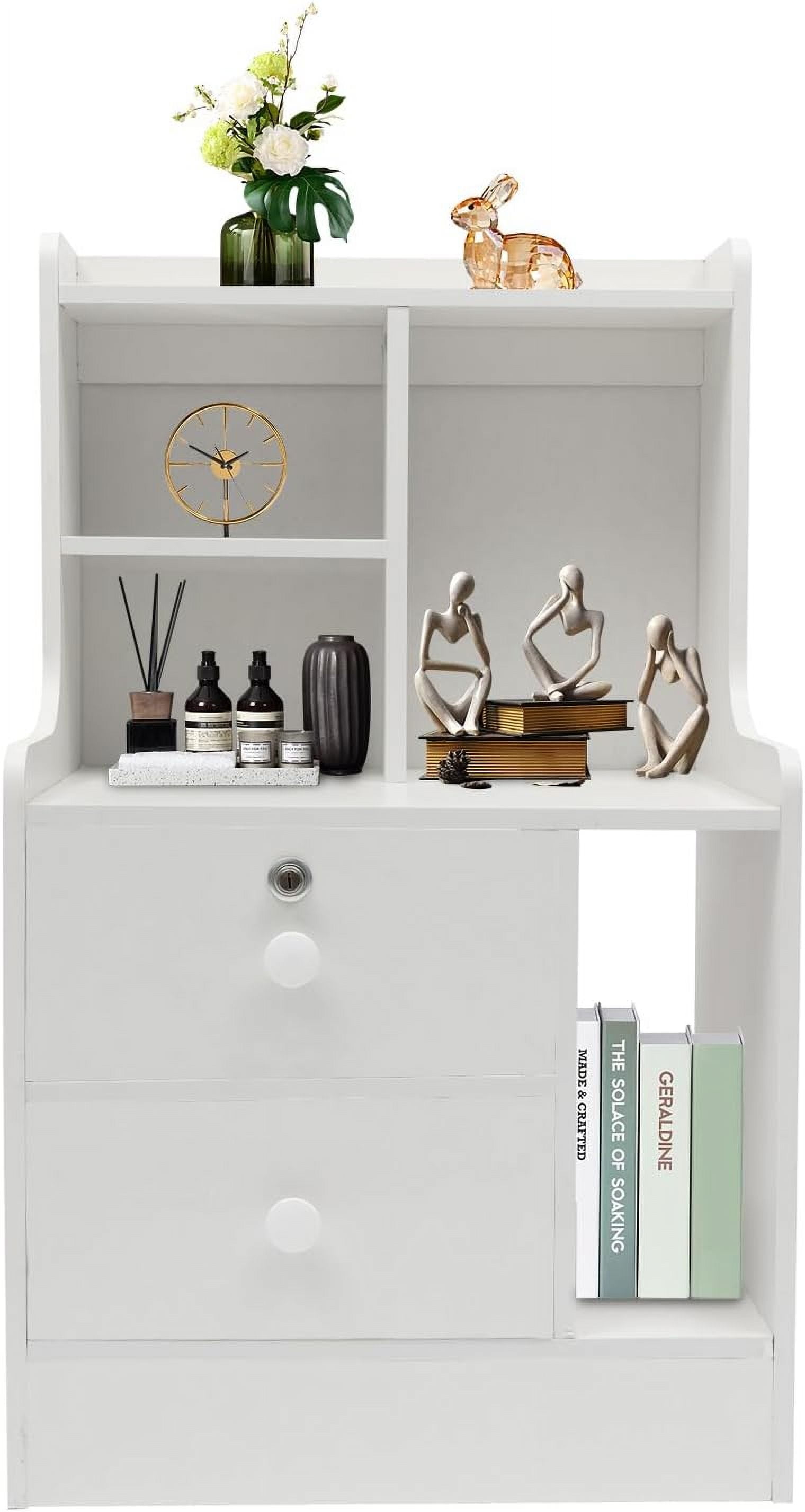 White Nightstand Bedside Table with Lockable Drawers, Space Saving ...