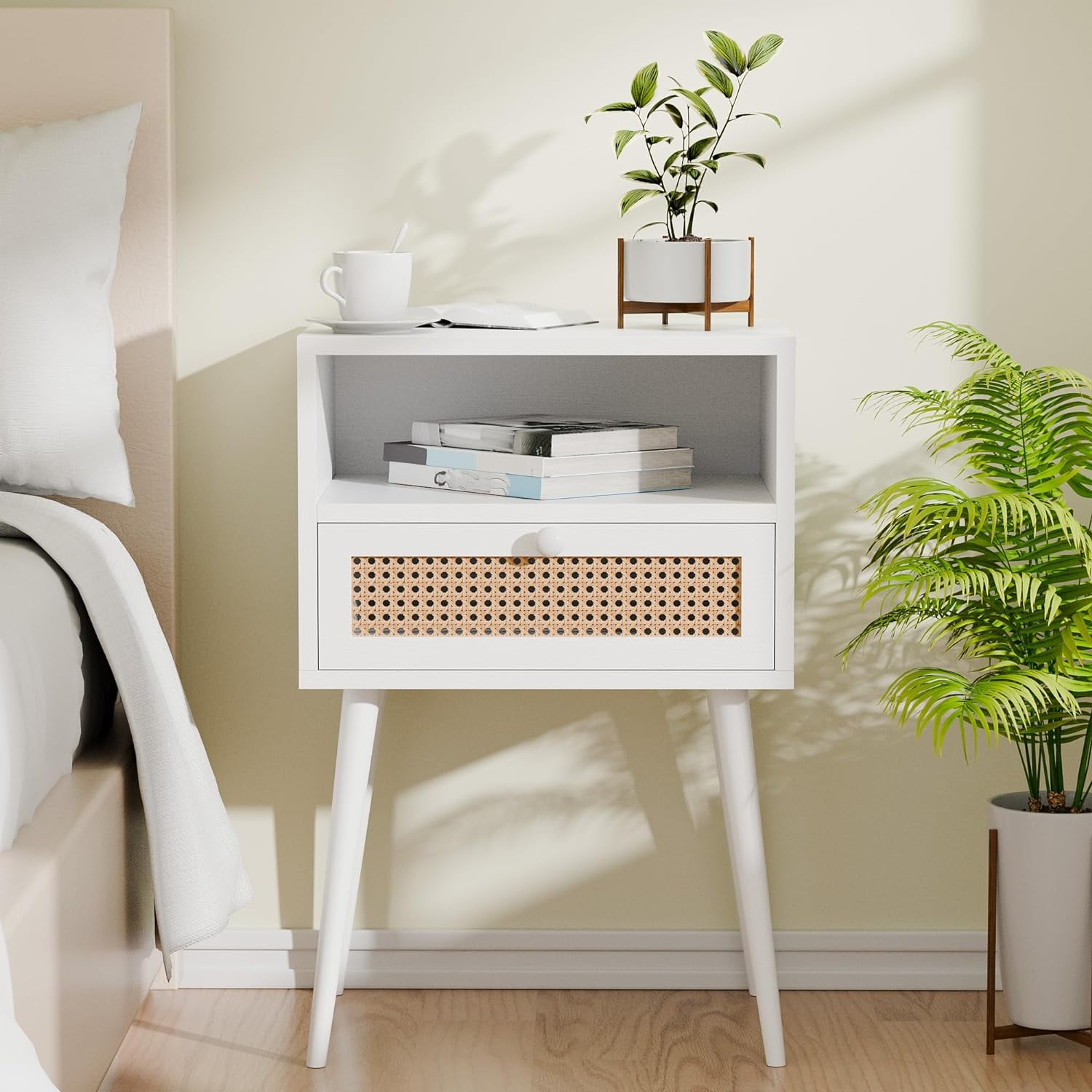 White Nightstand Bedside Table Small Nightstand with Drawers Rattan ...