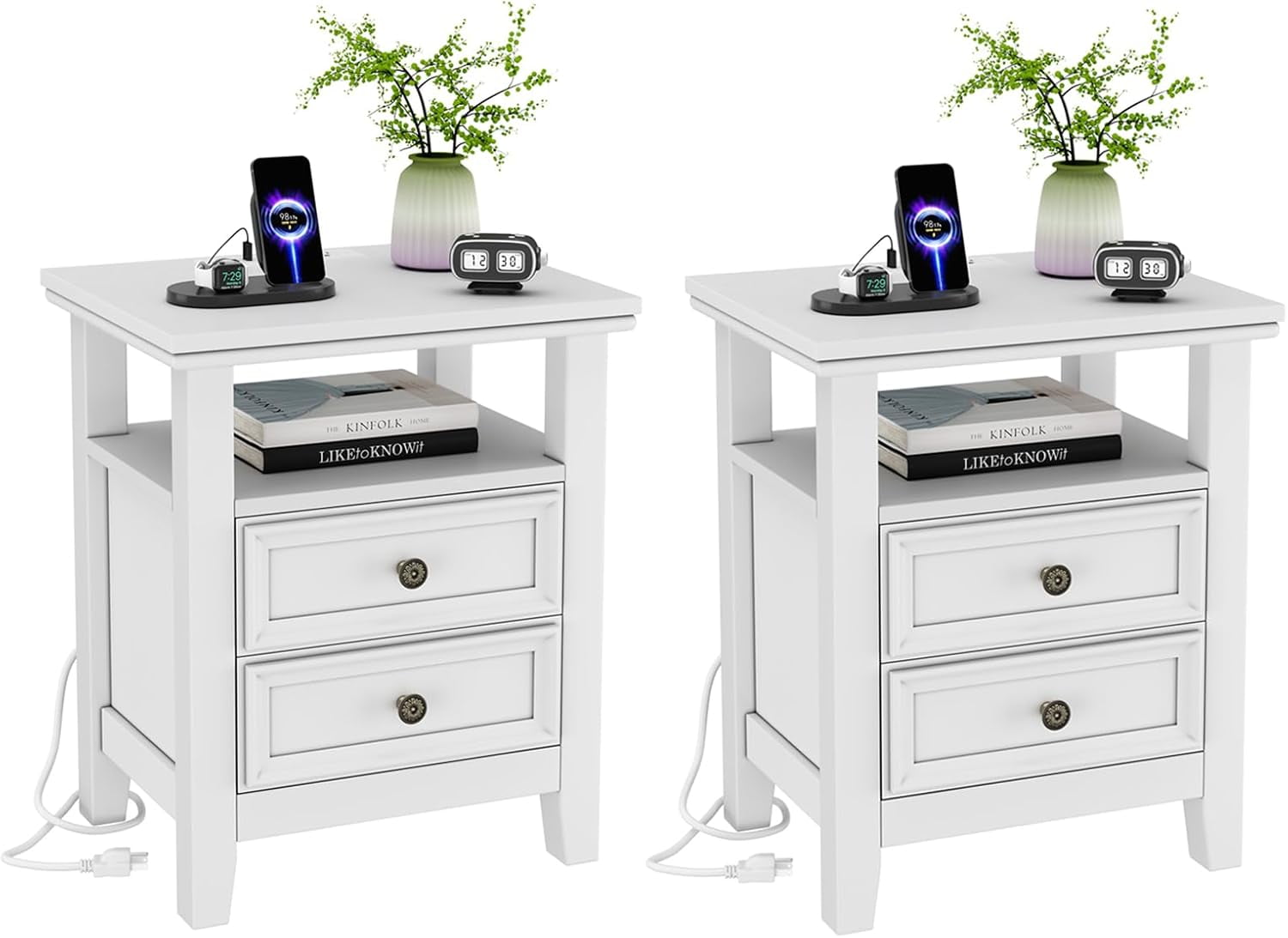 White Nightstand with Charge Station Sofa End Table with 2 Drawers ...