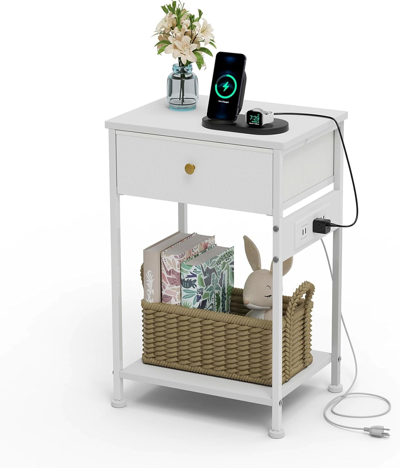 White Nightstand with Charging Station, Bedside Table for Bedroom Dorm ...