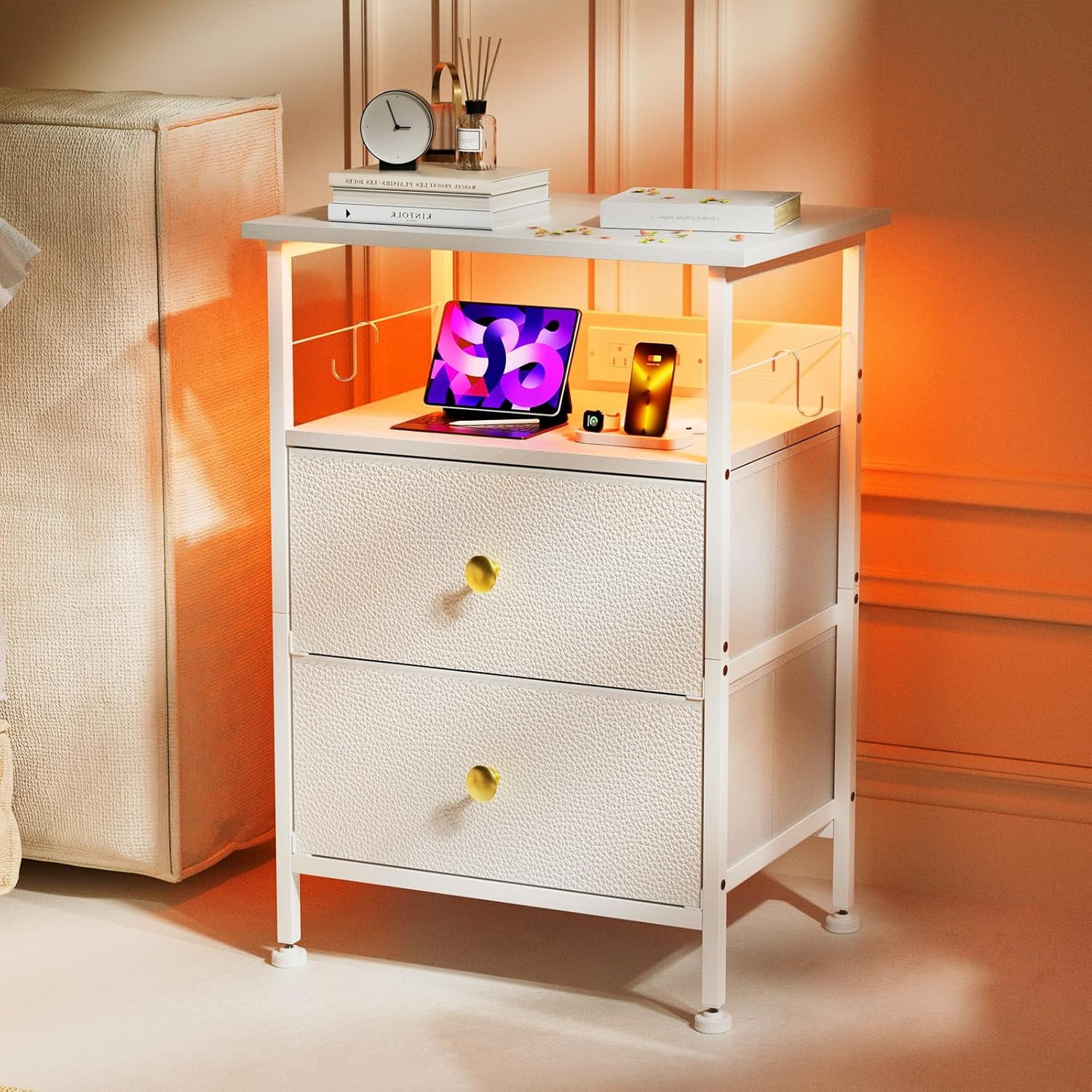 White Nightstand with Charging Station, LED Nightstand with 2 Fabric ...