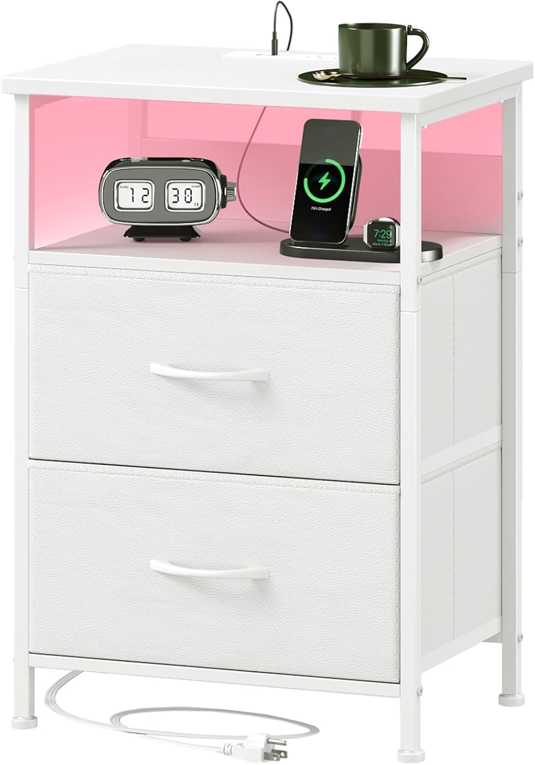 White Nightstand with Charging Station and LED Light for Bedroom, 2 ...