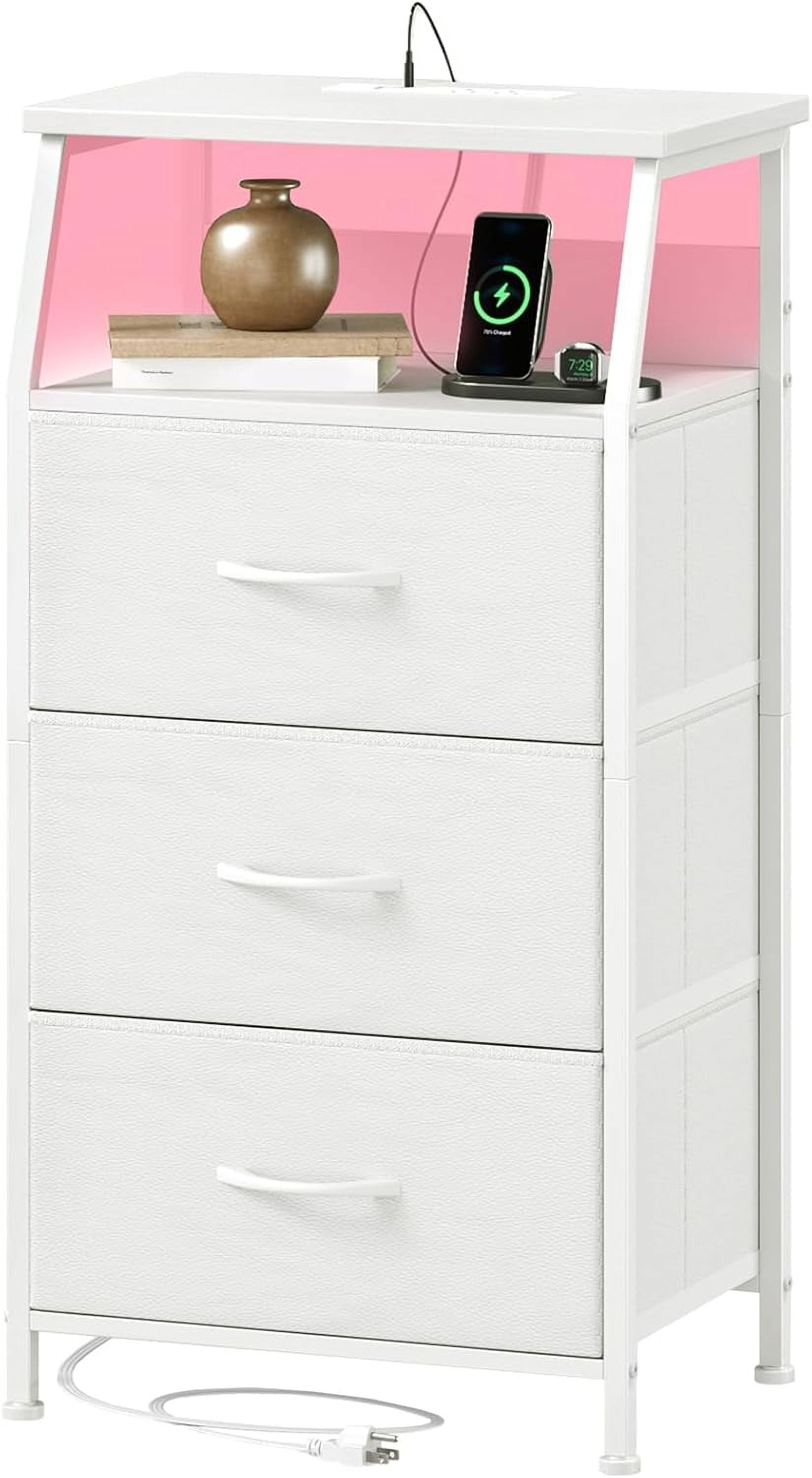 White Nightstand with Charging Station and LED Light for Bedroom, Tall ...