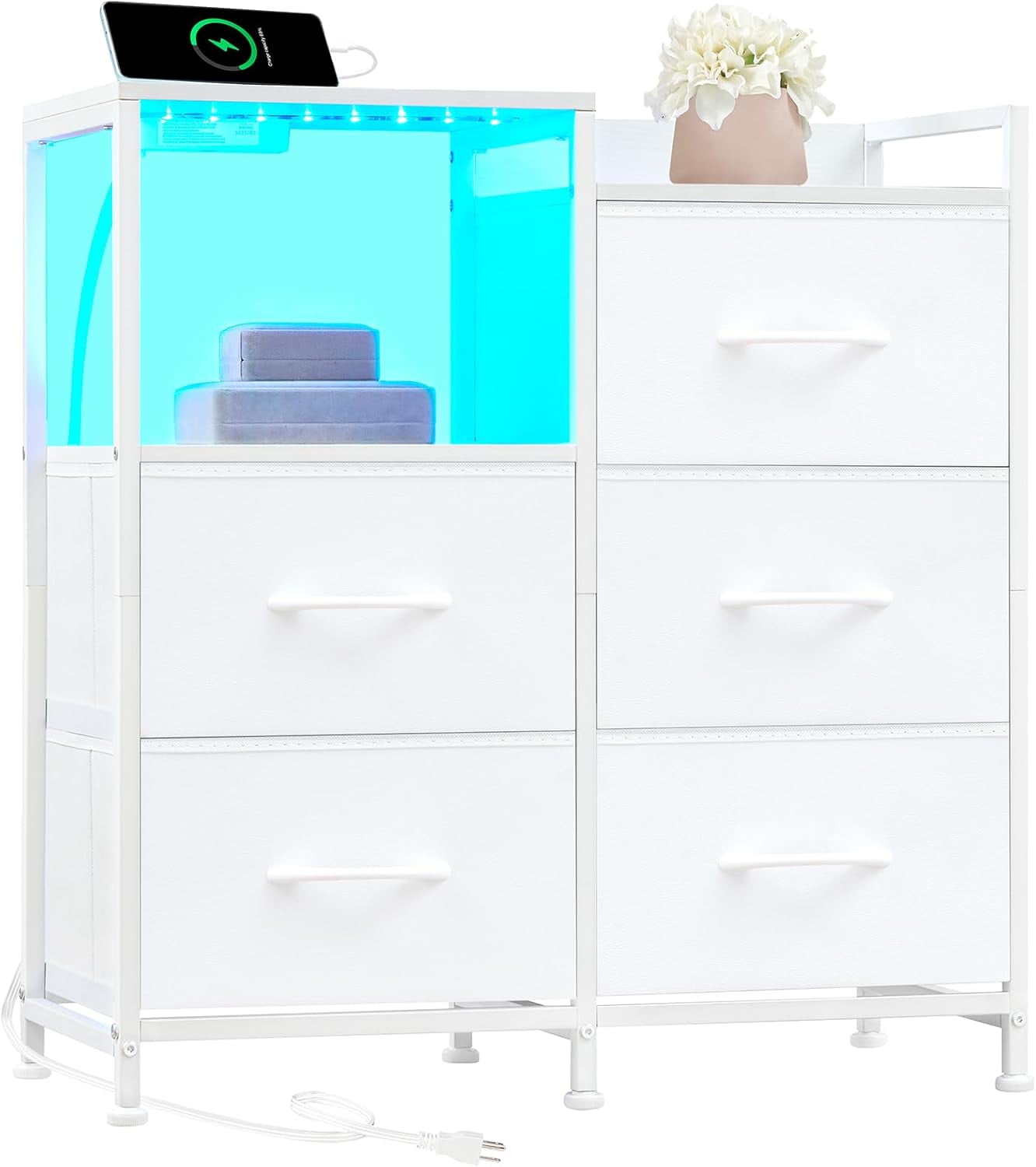White Nightstand with Charging Station and LED Light, Wide 5 Drawers ...