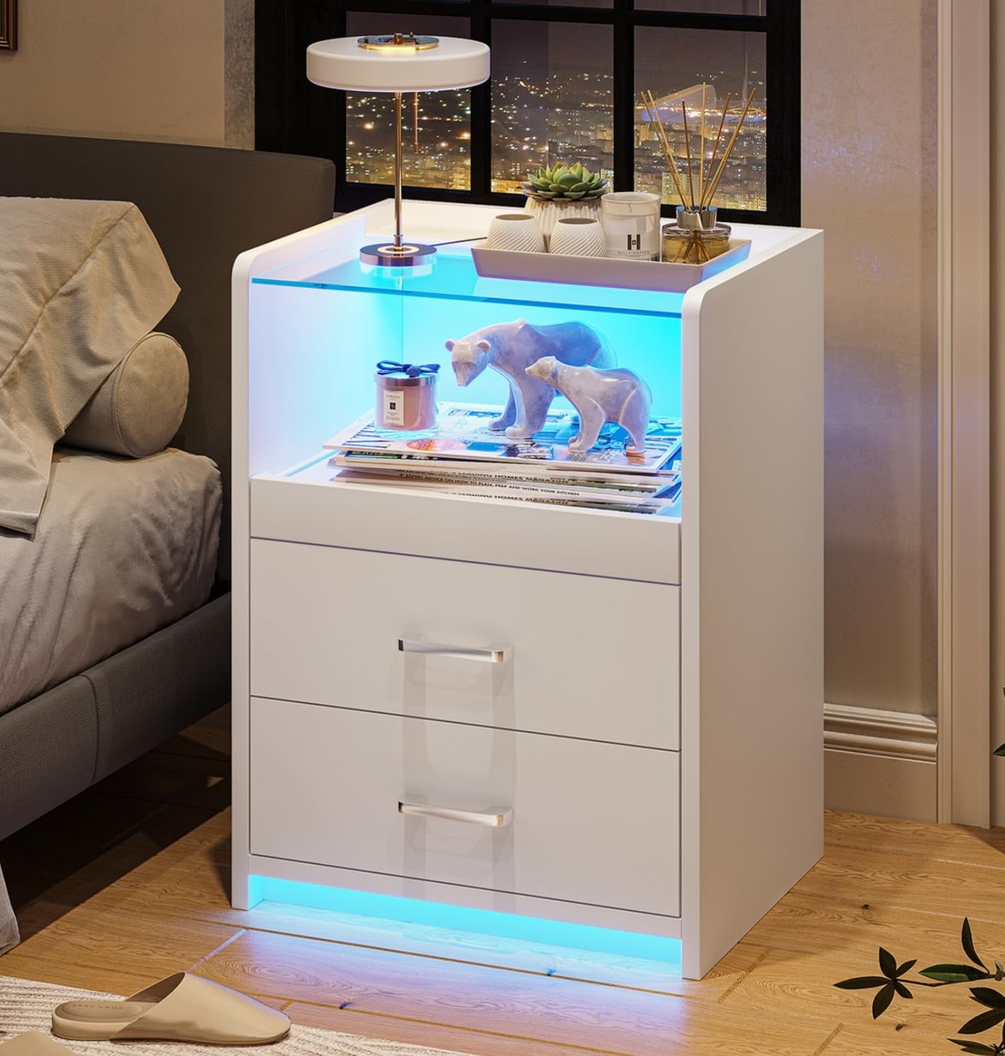 White Nightstand with Charging Station and LED Lights, 2 Drawers LED ...