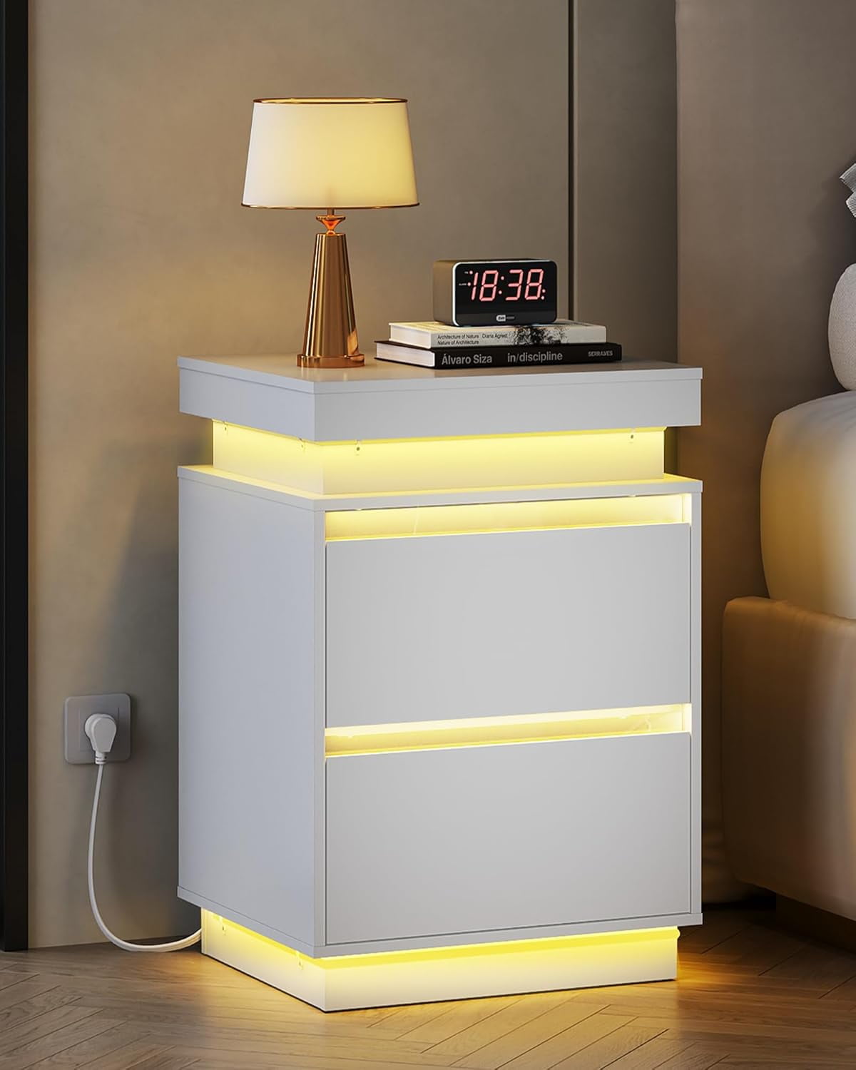 White Nightstand with Charging Station and LED Lights, Bedside Table ...