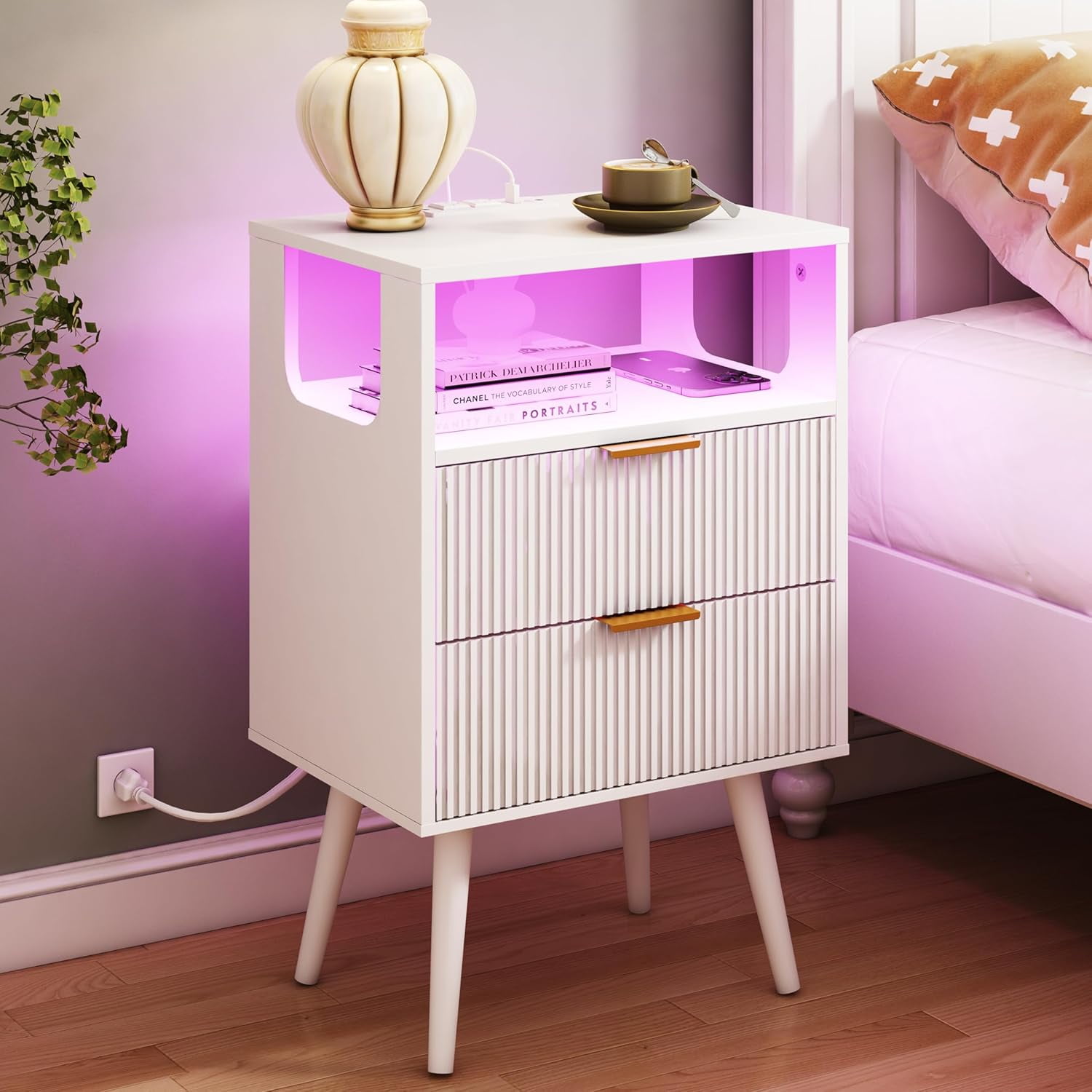 White Nightstand with Charging Station and LED Lights,Modern Bedside ...