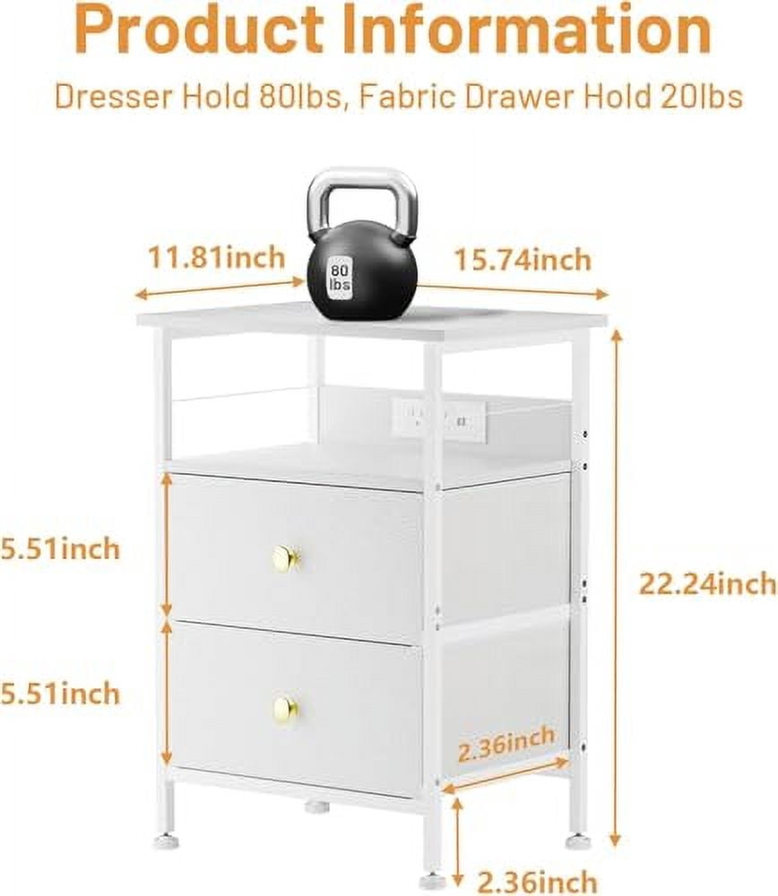 White Nightstand with Charging Station, LED Nightstand with 2 Fabric ...