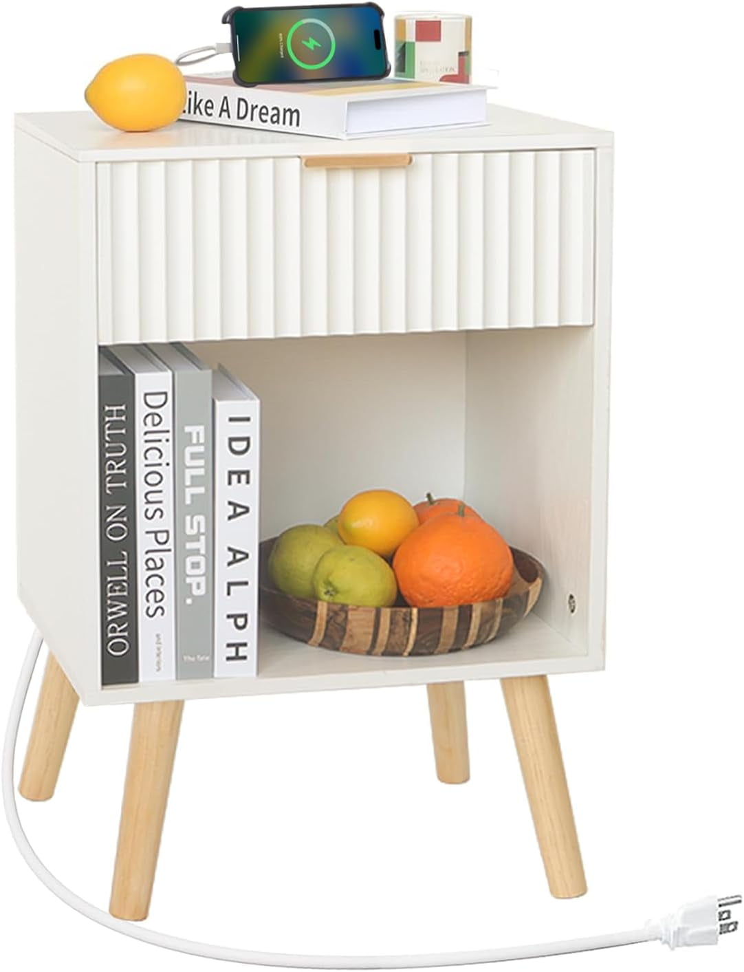 White Nightstand with Charging Station, Mid Century Modern Bedside ...