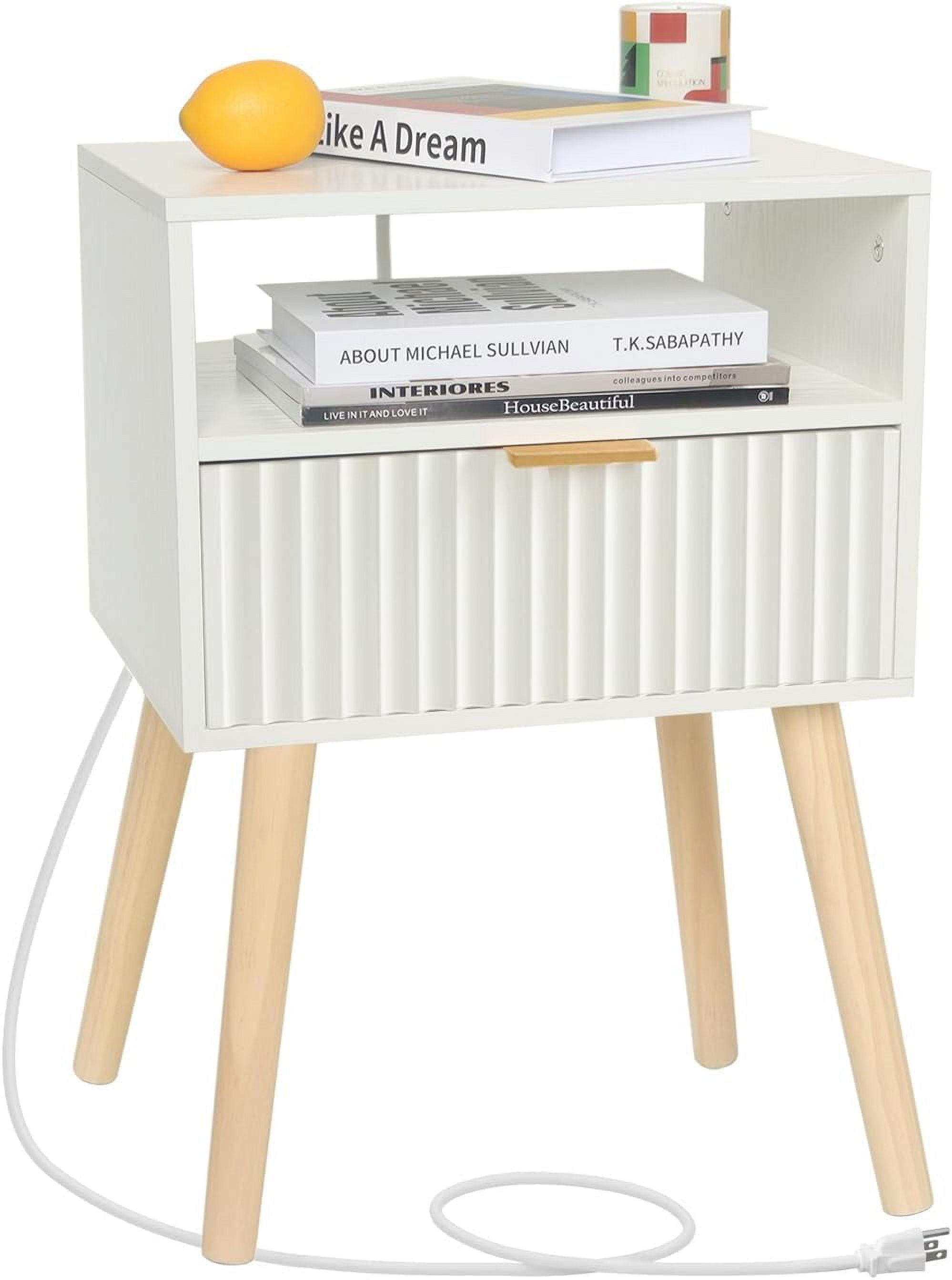 White Nightstand with Charging Station, Modern Bedside Table with ...