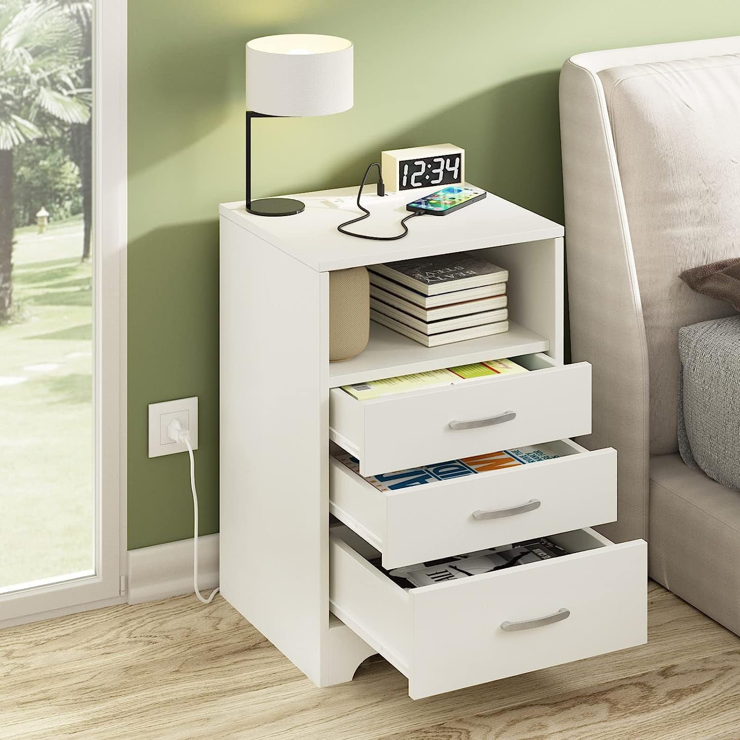 White Nightstand with Charging Station, Modern End Side Table with 3 ...