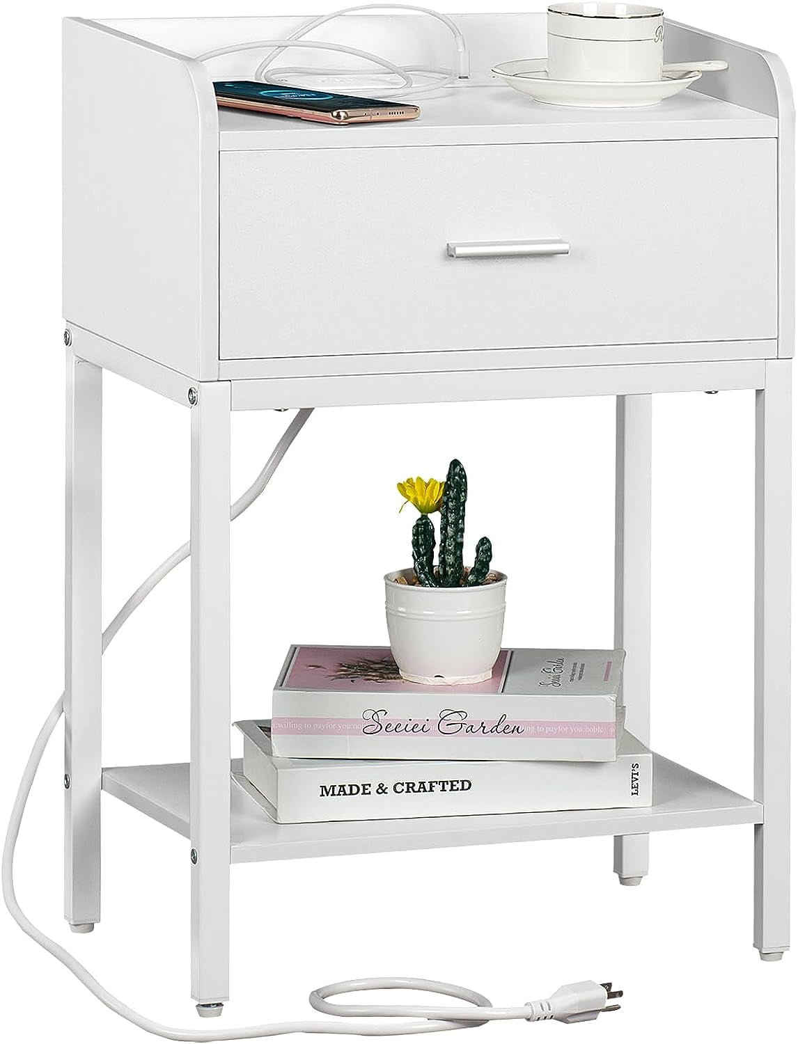 White Nightstand with Charging Station, Small Bedside Tables with USB ...
