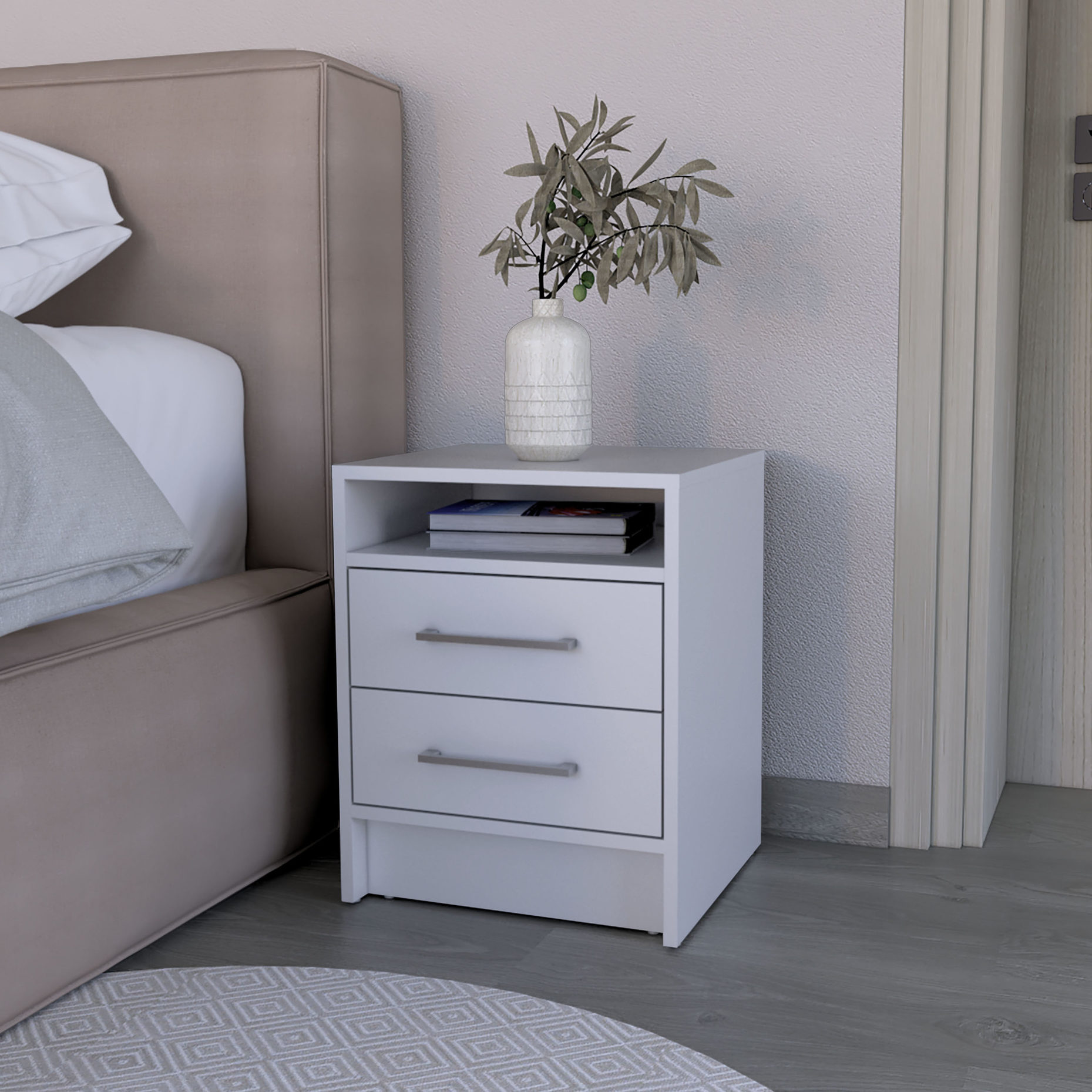 White Nightstand Chase in Bedroom | Drawers to Hold Items and Shelf for ...
