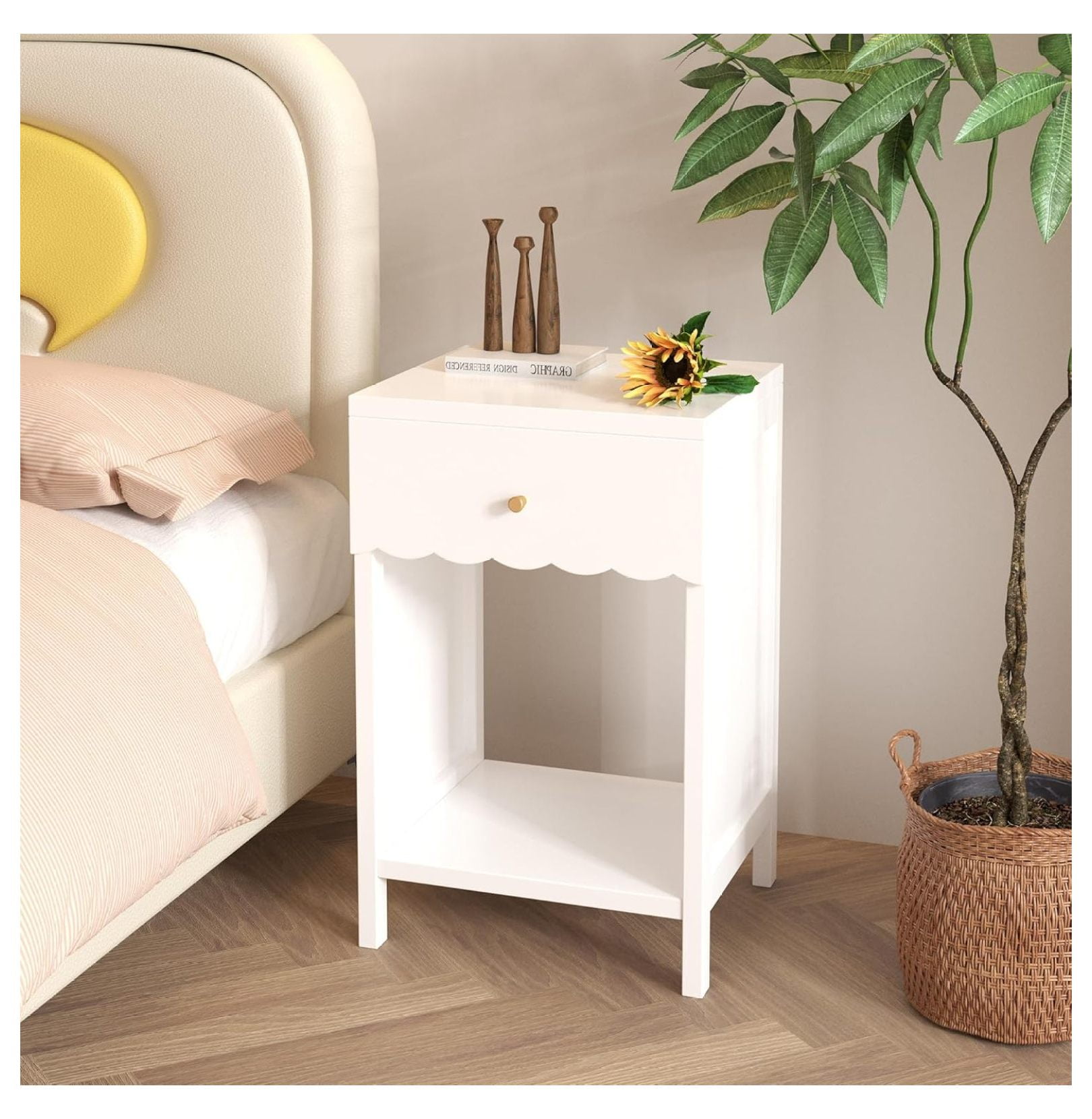 White Nightstand with Drawer & Shelf, Scalloped Bedside Table for ...