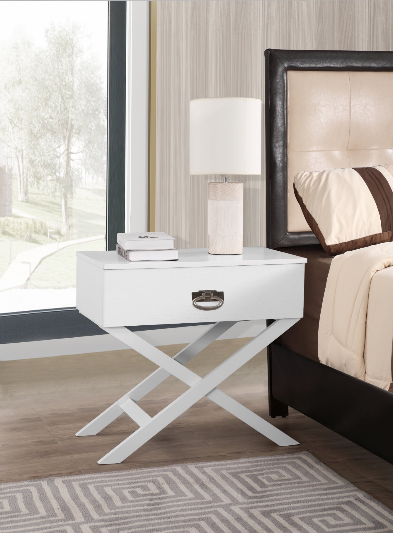 White Nightstand with Drawer, Unique X-Frame Bedside Table with Croc ...