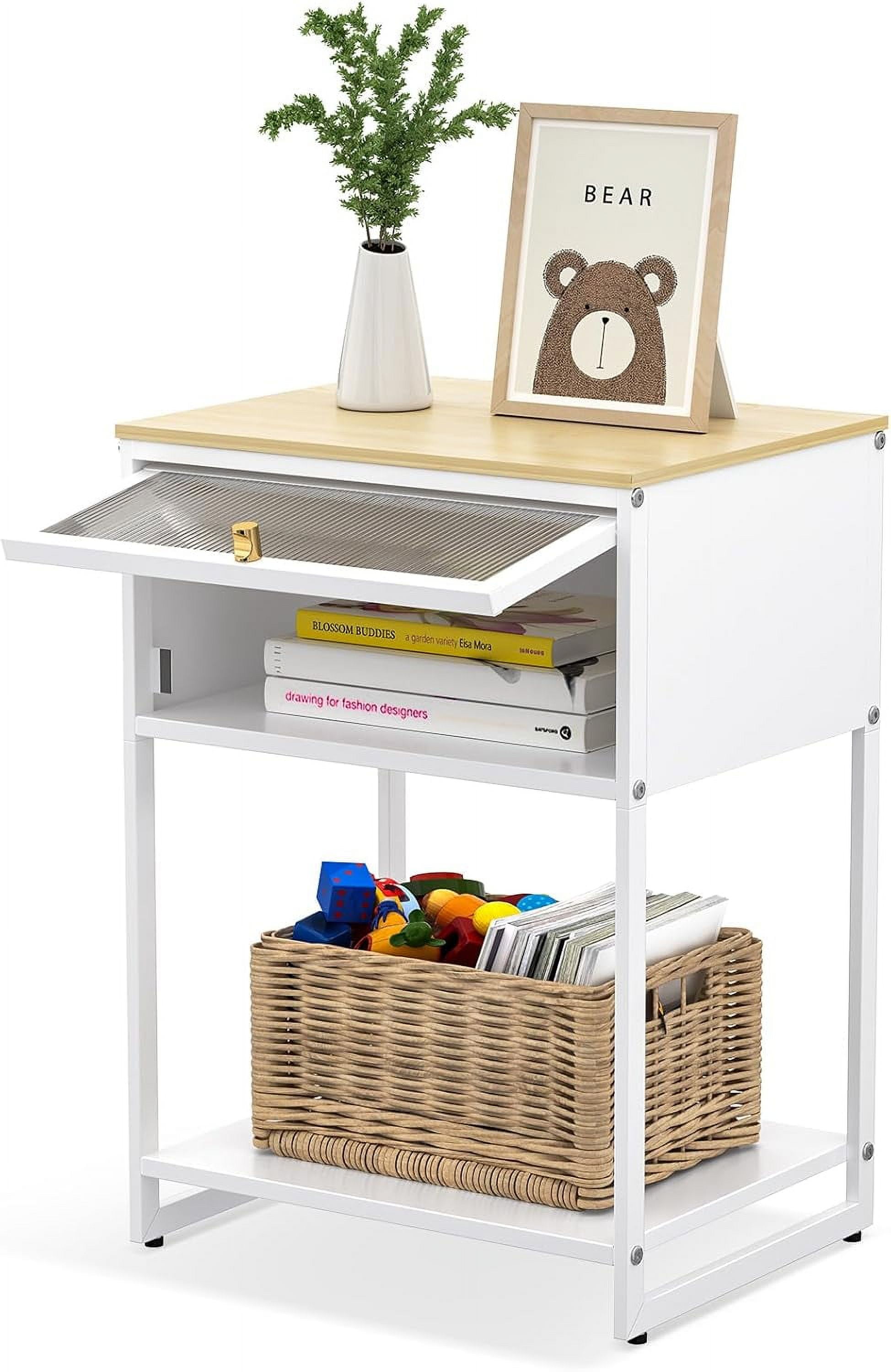 White Nightstand End Table with Cute Storage Bed Side Table for Kids ...