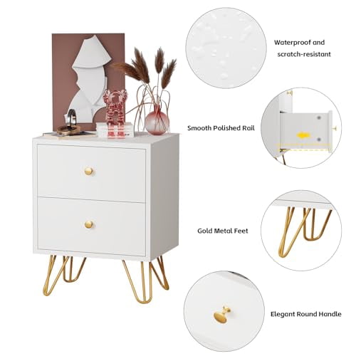 White Nightstand, White and Gold Nightstand Set of 2, Night Stand with ...