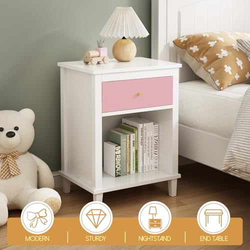 White Nightstand, Kids Bedside Table with Drawers & Open Wood Shelf ...