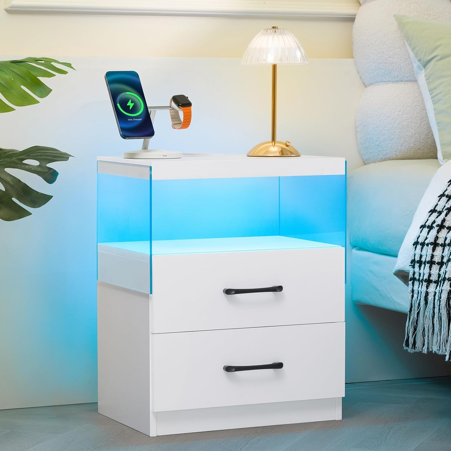 White Nightstand LED Night Stand with Charging Station, 2 Drawer Night ...