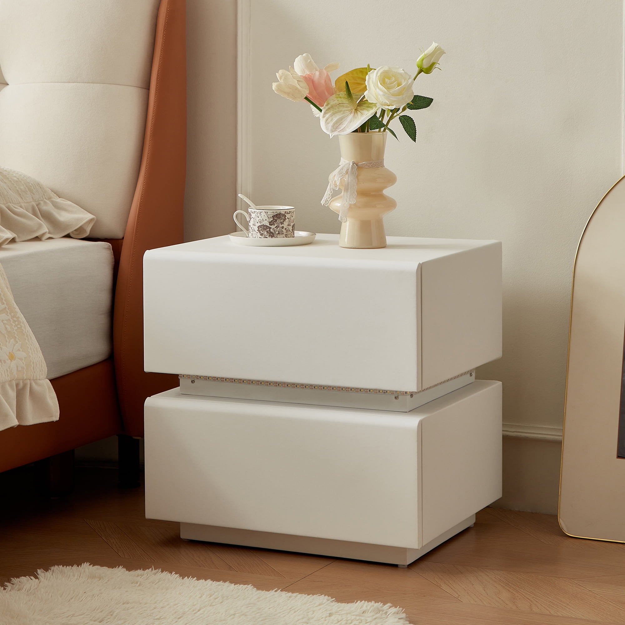 White Nightstand with Lights Strip, Modern Leather Wrapped Bedside ...