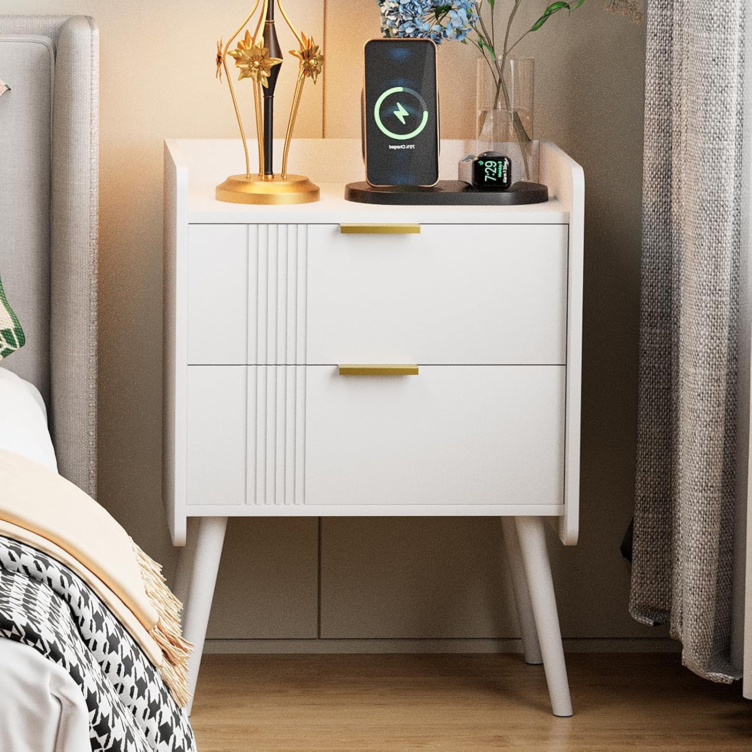 White Nightstand Modern Bedside Table with 2 Storage Drawer, Small ...