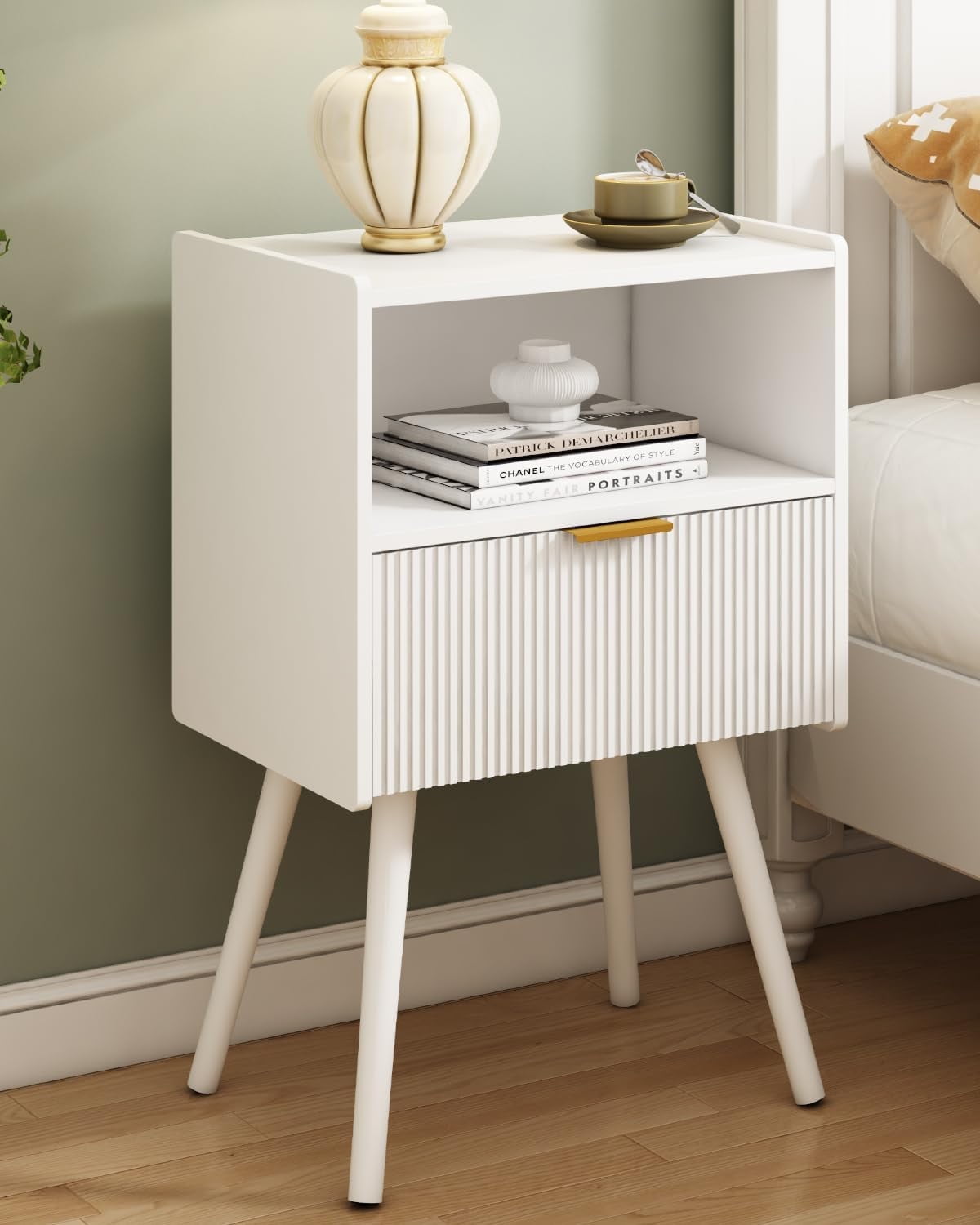 White Nightstand,Modern Bedside Table with Storage Drawer and Open Wood ...