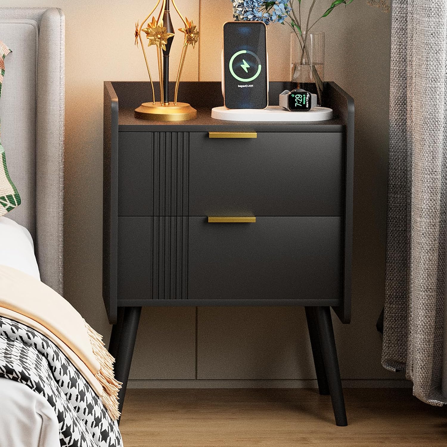 White Nightstand Modern Bedside Table with 2 Storage Drawer, Small ...