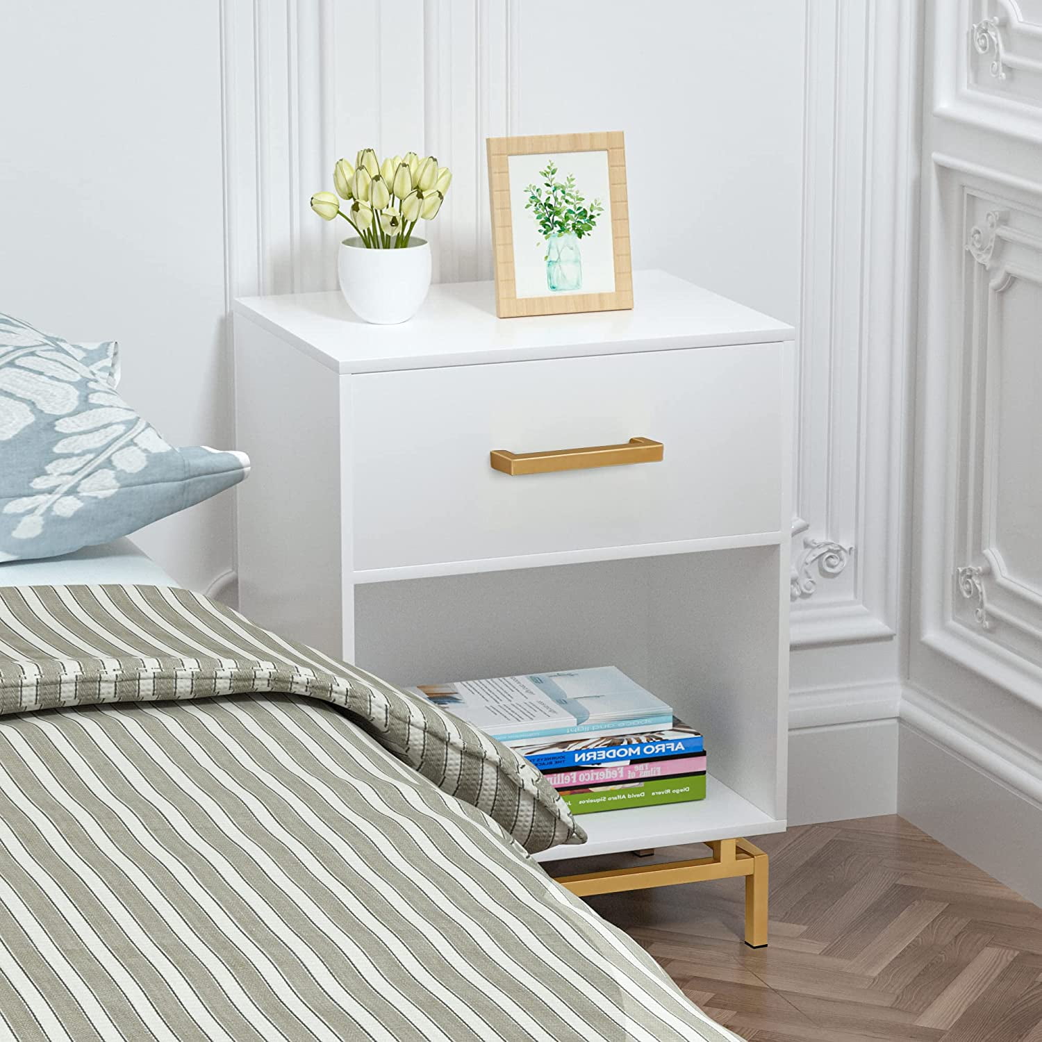 White Nightstand, Modern Night Stand with Drawer and Shelf, Wood ...