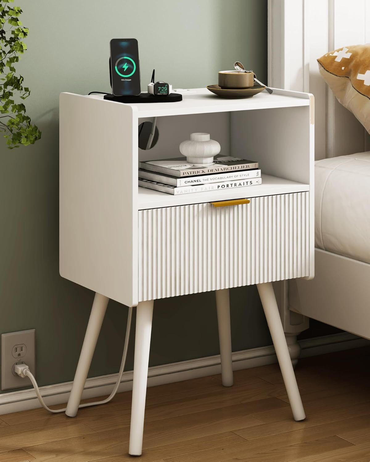 White Nightstand with Outlet,Modern Bedside Table with Storage Drawer ...