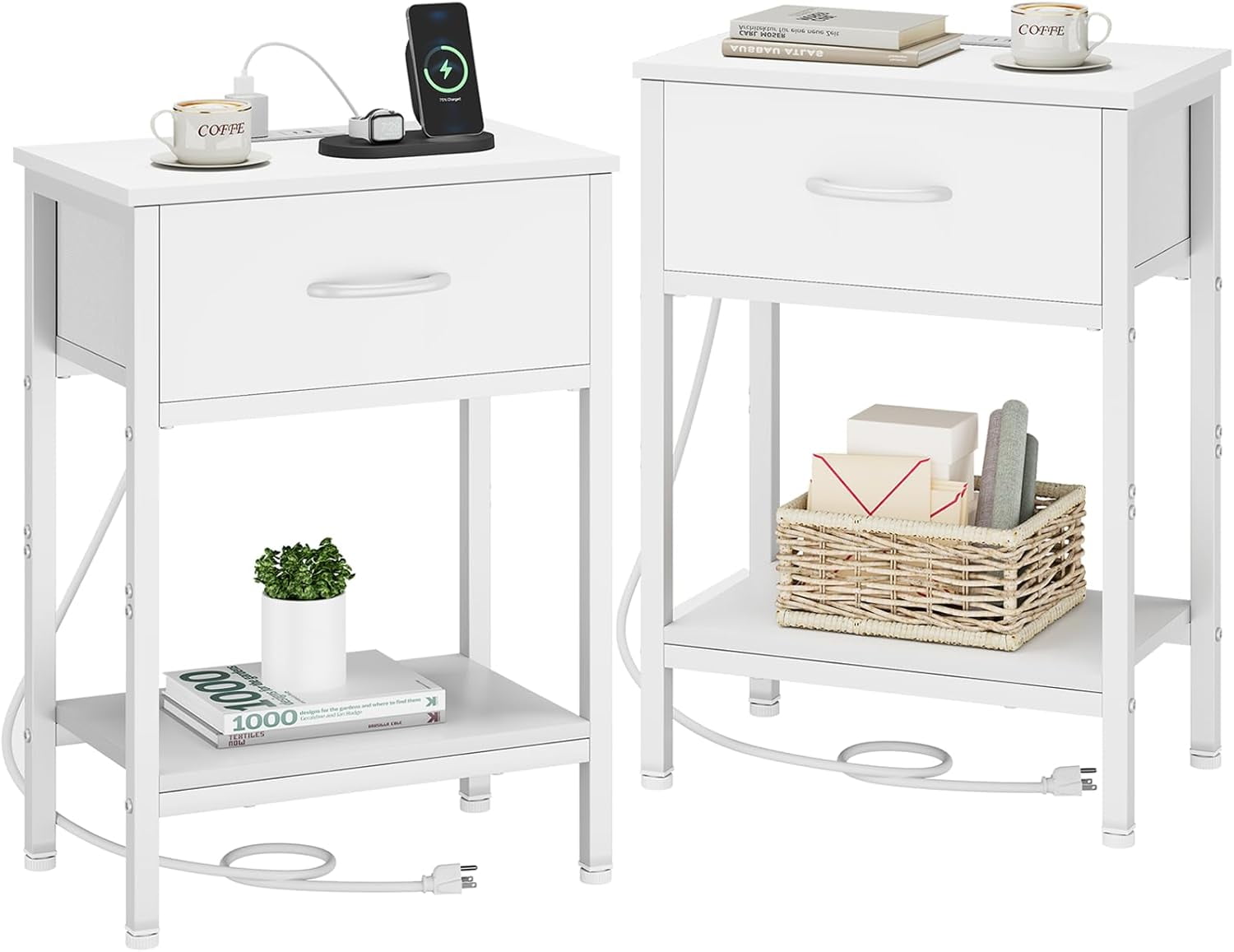 White Nightstand Set of 2 with Charging Station, Bed Side Table with ...