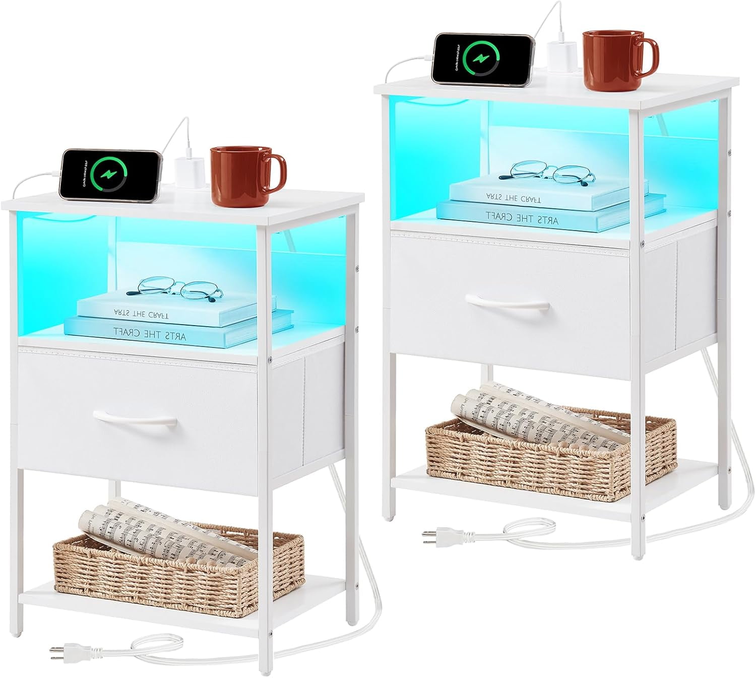 White Nightstand Set of 2 with Charging Station and LED Light for ...