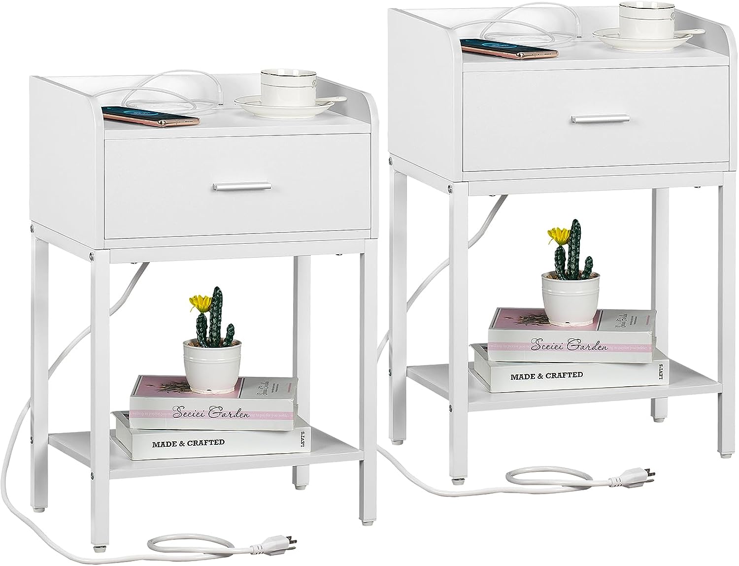 White Nightstand Set of 2 with Charging Station, Small Bedside Table ...