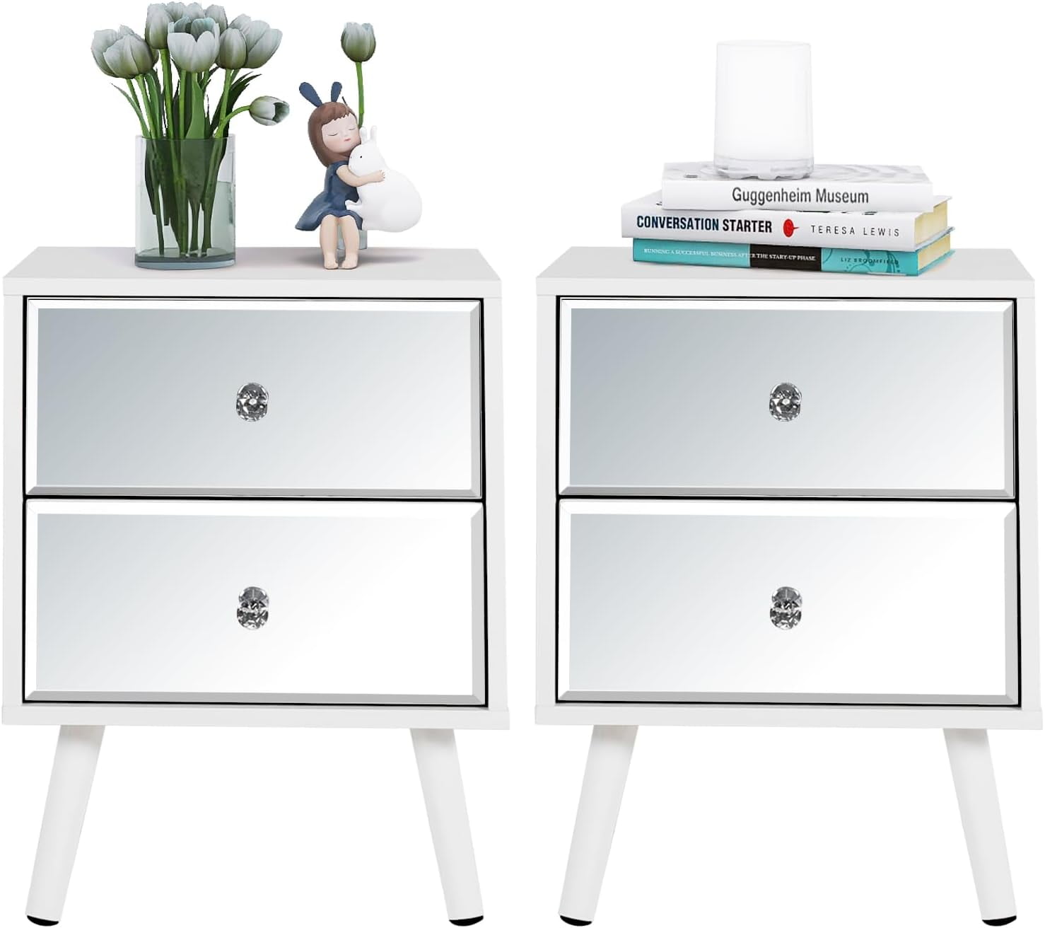 White Nightstand Set of 2, Mirrored Bedside Table Set of 2, Modern ...