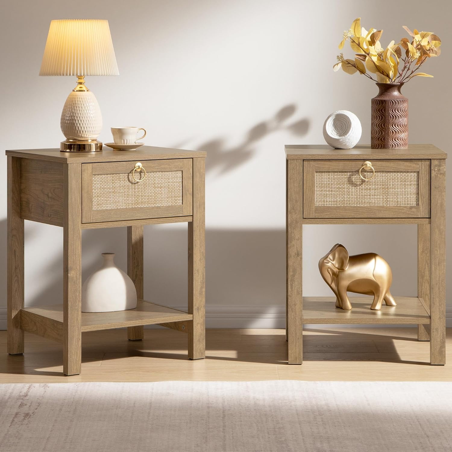 White Nightstand Set of 2,Rattan Decor Drawer with Brass Knobs Night ...