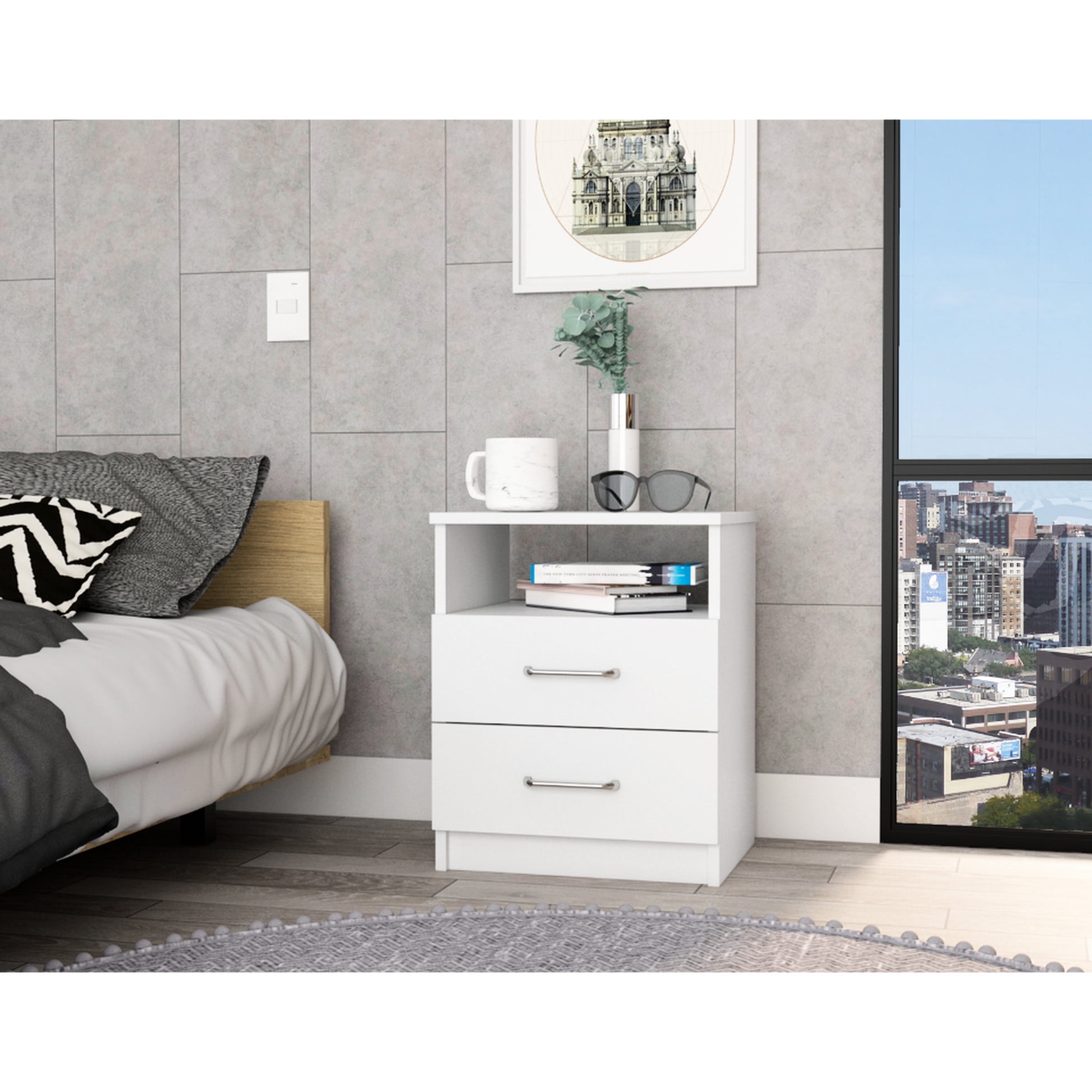 White Nightstand: Two Drawers And An Open Shelf For Organization ...