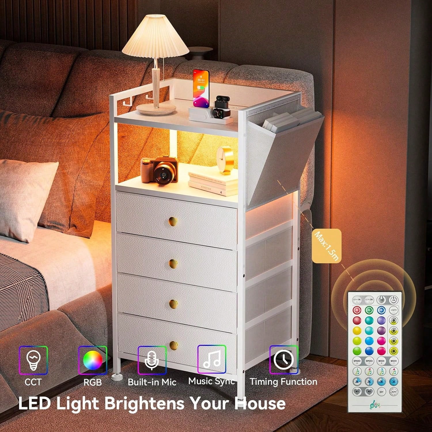 White Nightstand With USB&Charging Station, LED Nightstand With 4 ...