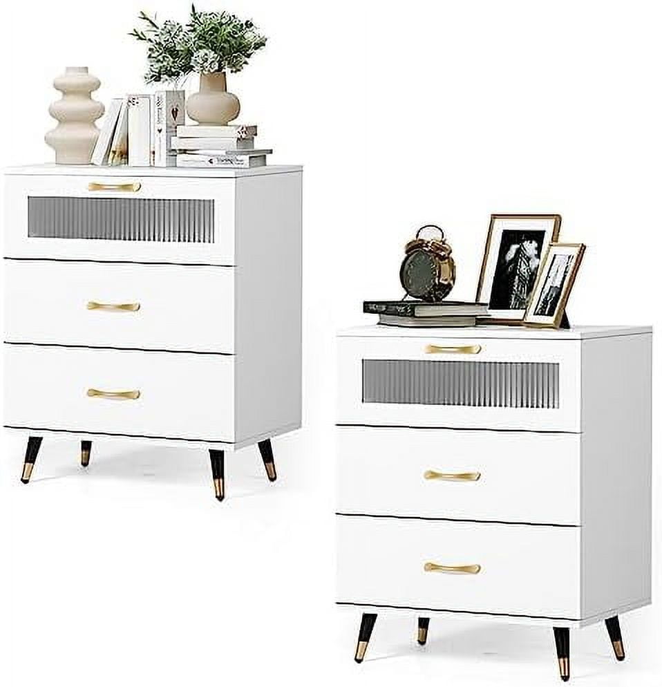 White Nightstand with 3 Drawers 21" Wood Bedside Table Large Night ...