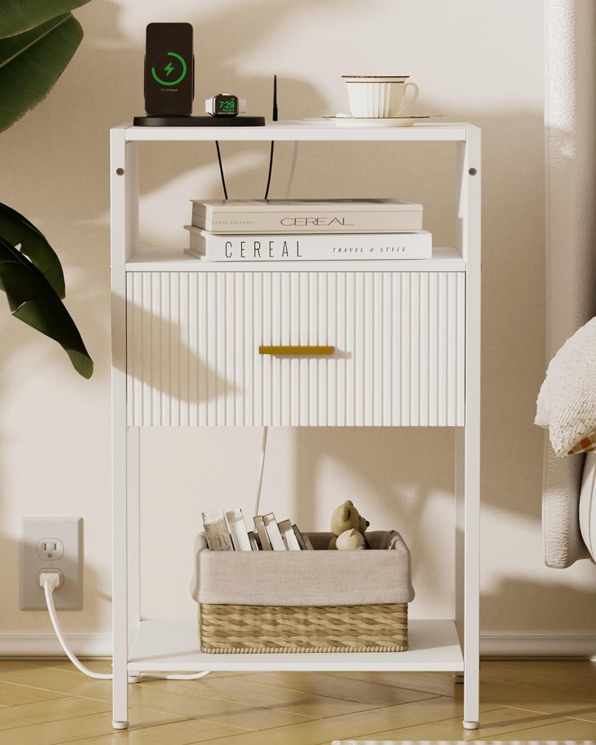 White Nightstand with Charging Station, Fluted Side Table with Drawer ...