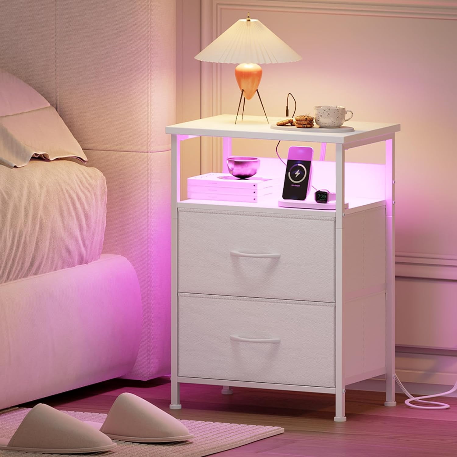 White Nightstand with Charging Station & LED Light, 2 Drawer Dresser ...